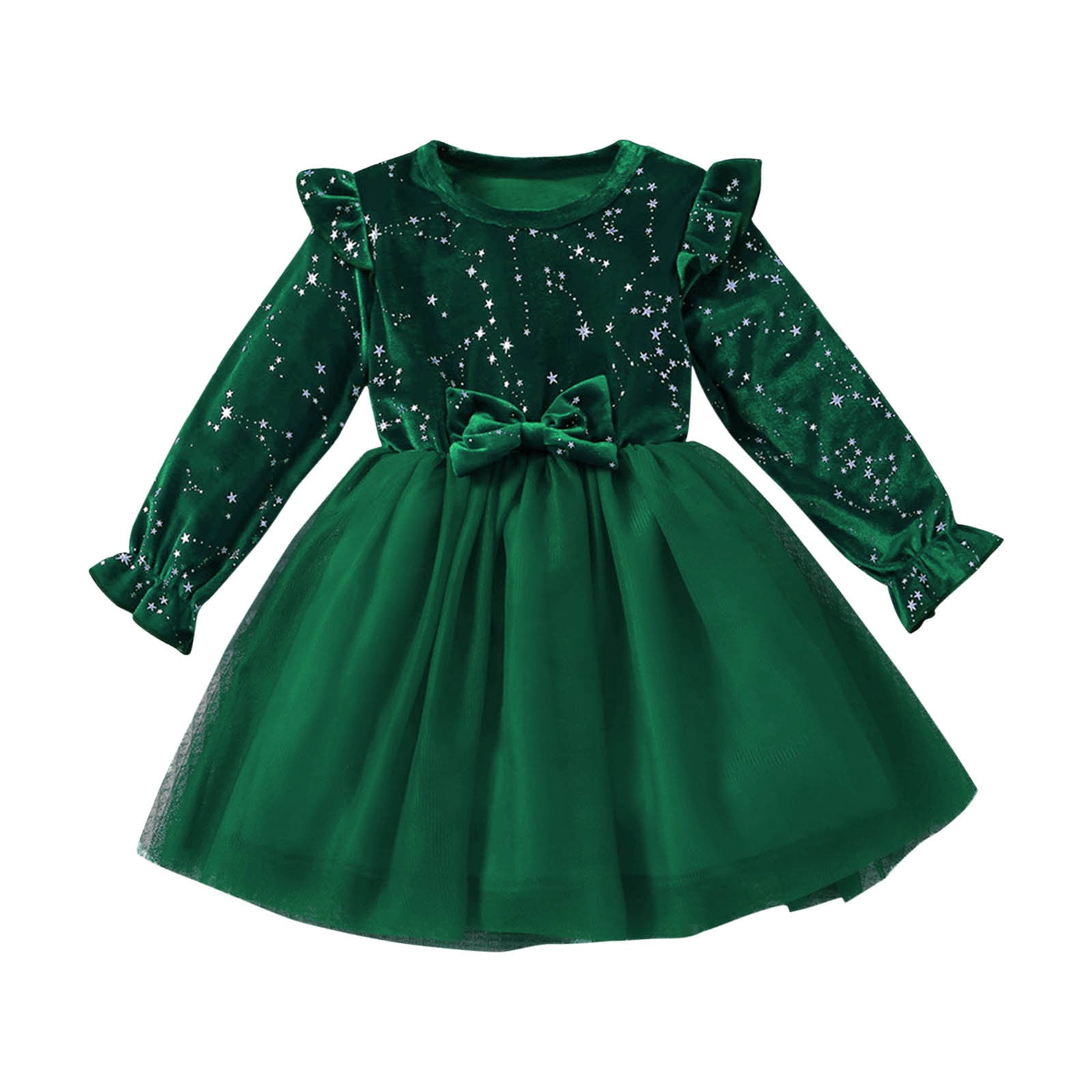 Girls Emerald Green Velvet Christmas Dress with Tulle Skirt & Star ...