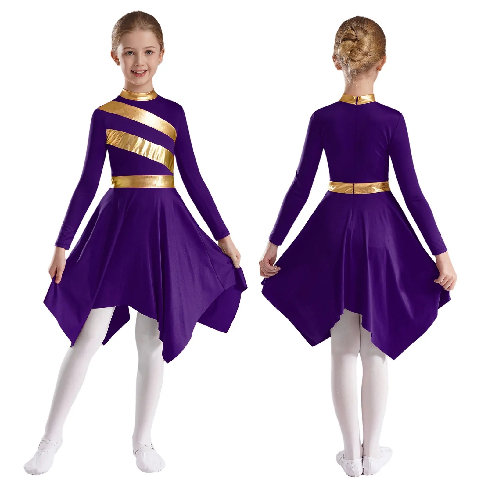 Girls Etiquette Praise Dance Dress Metallic Long Sleeve Worship Costume ...
