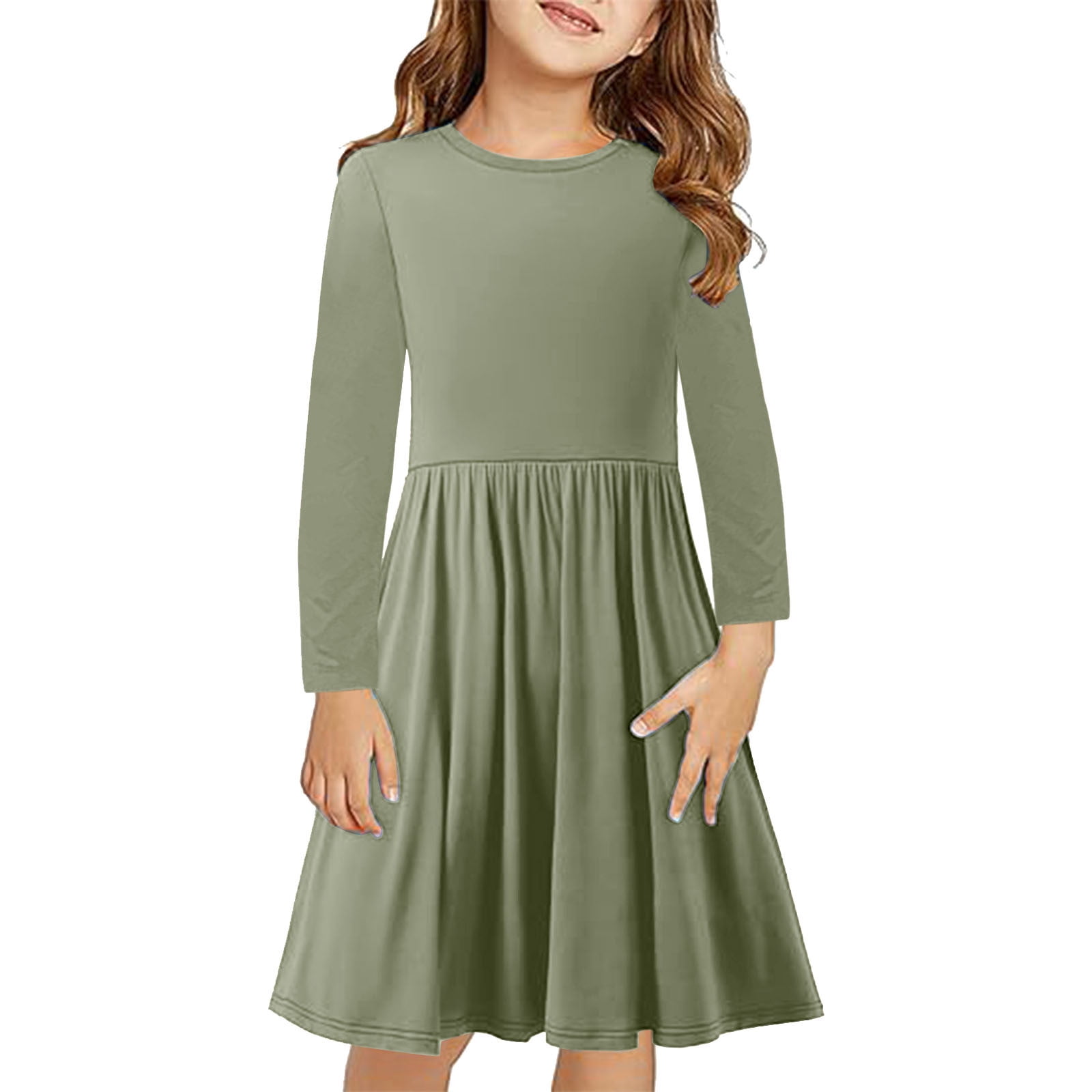Girls Fall Dress Girls Long Sleeve Solid Color Stretchy Dress a Line ...