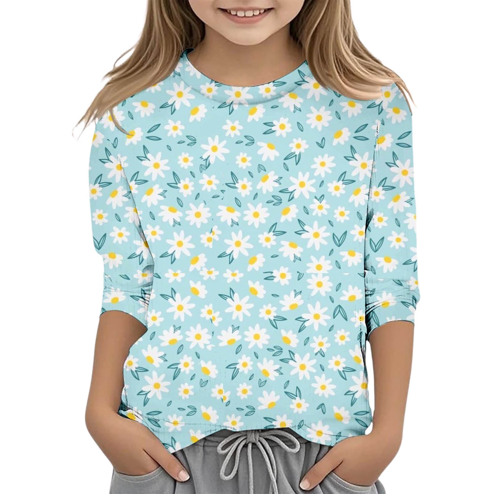Girls Fall Shirts & Blouses Daisy Print Round Neck 3/4 Sleeve ...