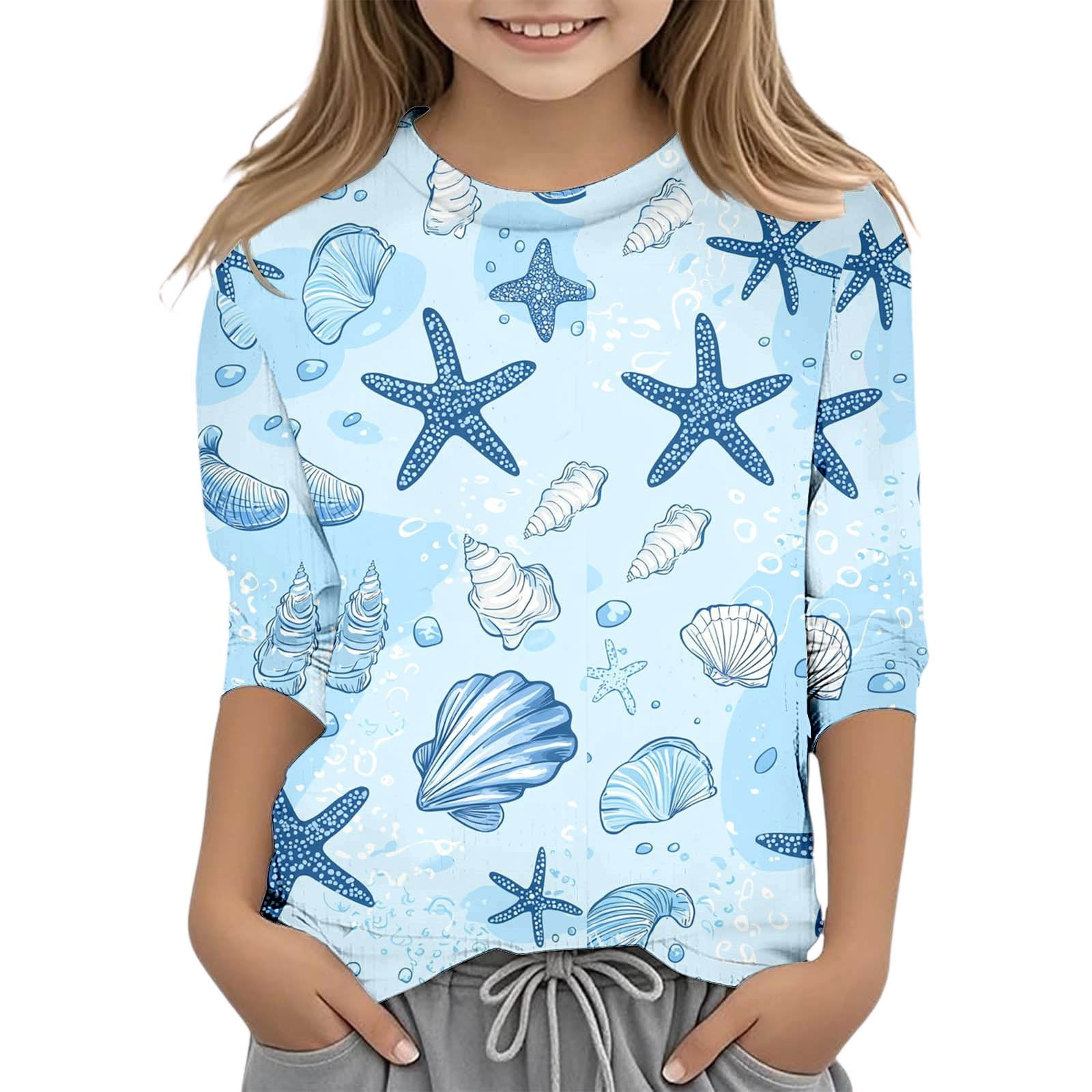 Girls Fall Shirts & Blouses Ocean Shell Print Round Neck Comfortable 3/ ...