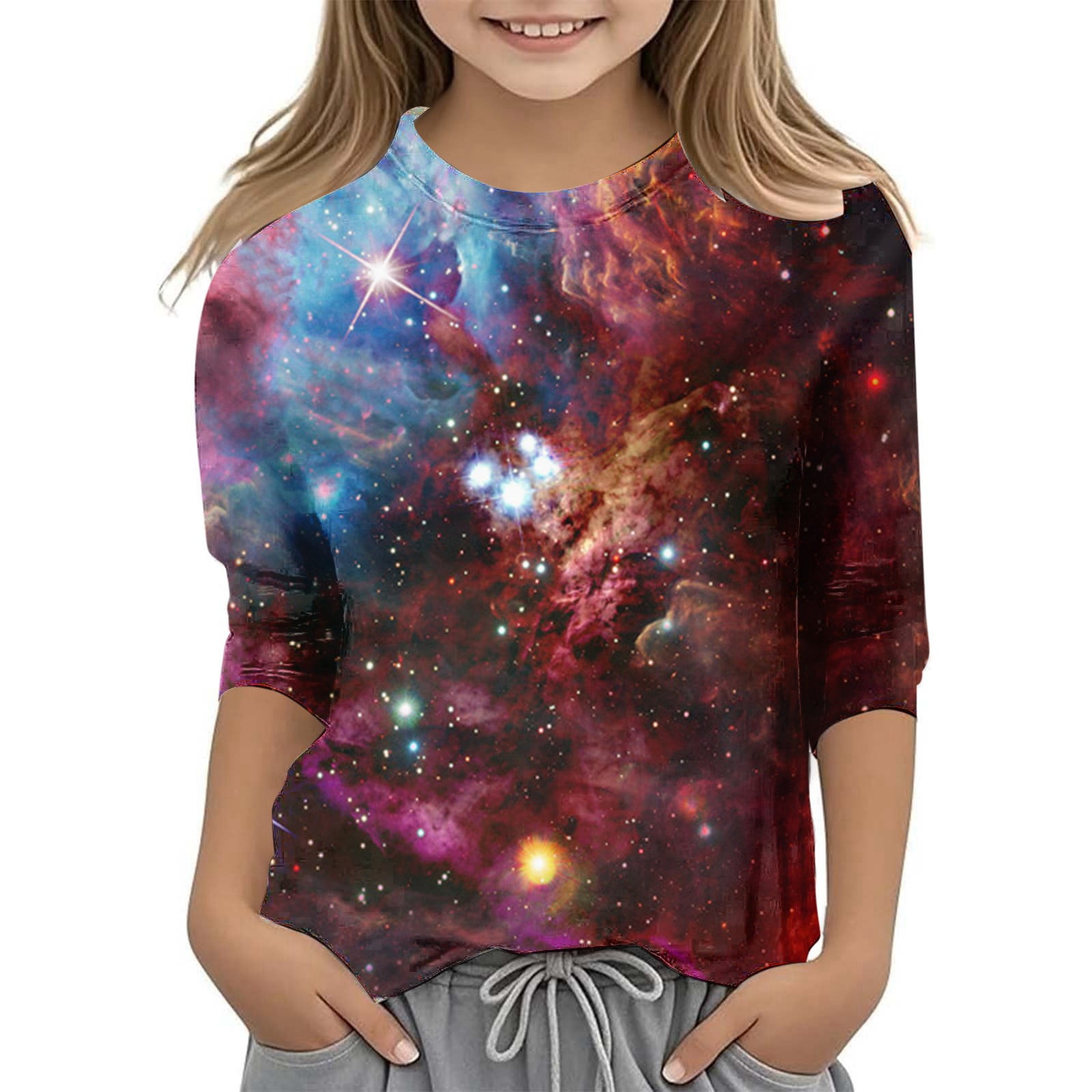 Girls Fall Tshirts Starry Sky Print Round Neck 3/4 Sleeve Children ...
