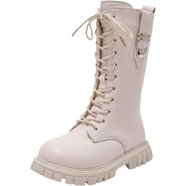 ANUFER Girls Womens Fashion Knee High Lace-Up Canvas Boots Pure White ...