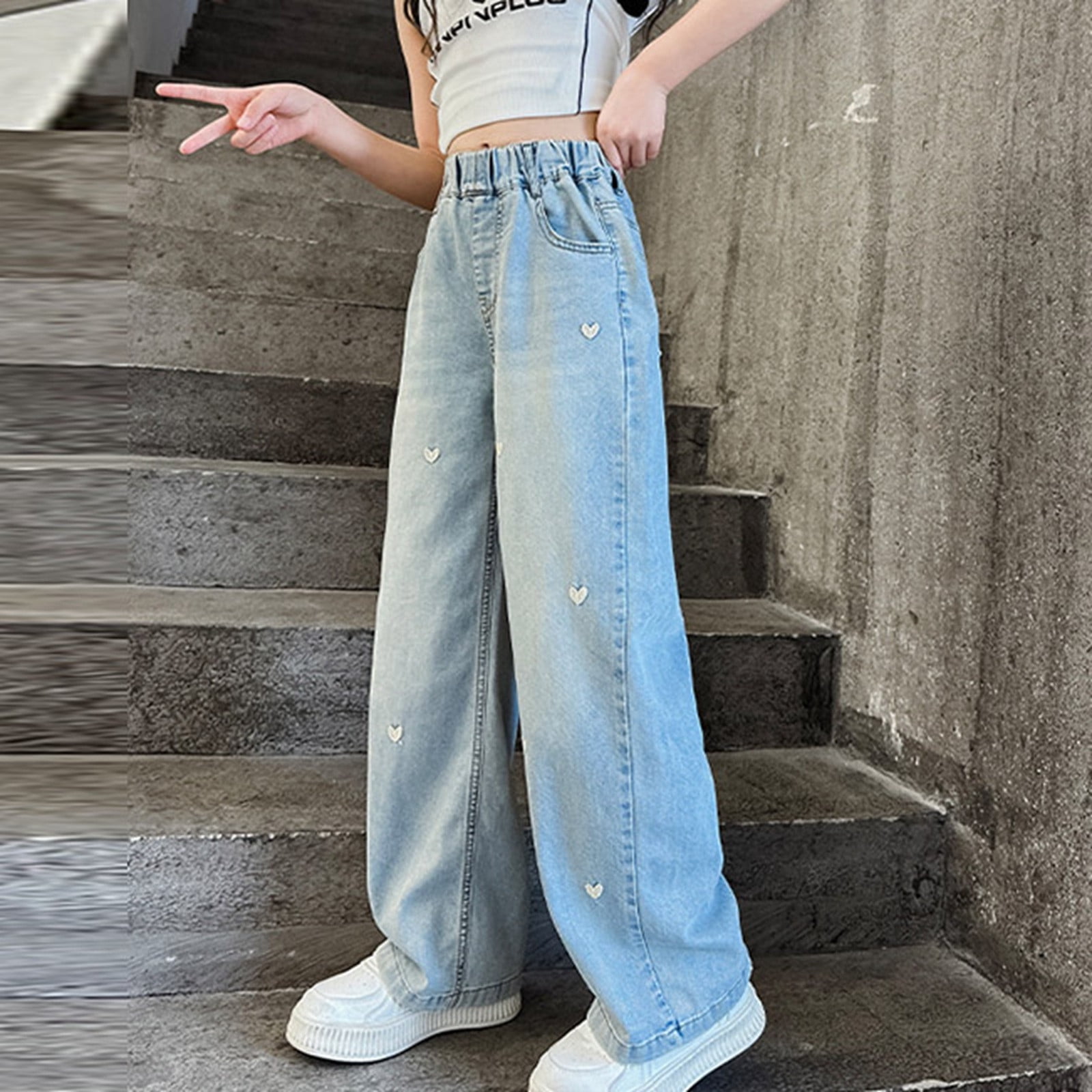 Girls Fashion Embroidered Pants Elastic Waist Wide Leg Jeans Loose ...