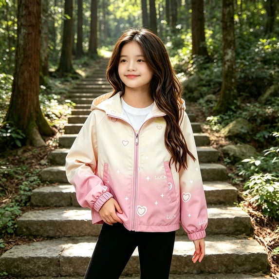 Girls Fashion Gradient Hooded Rain Jacket Heart Star Pattern Water ...