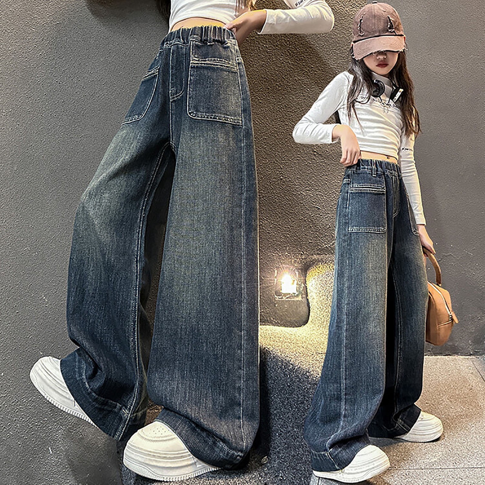 Kids Girls' Fashion Jeans Elastic High Waist Wide-Leg Palazzo Denim ...
