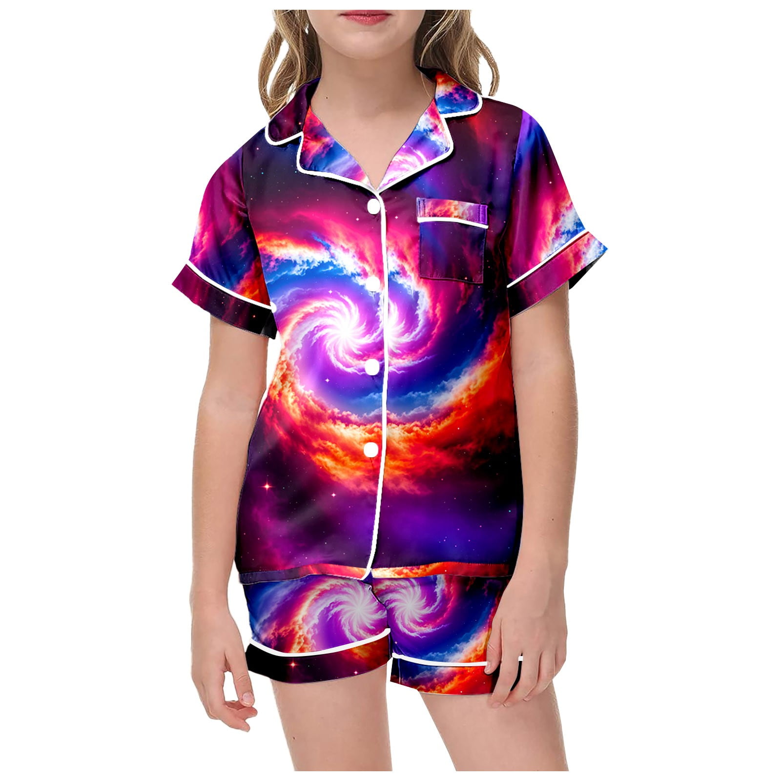 Girls Fashion Star Print Short Sleeve Pajama Set with Button Down Lapel ...