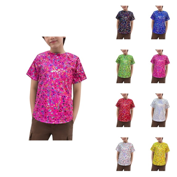 Girls Fashion Tops Leopard Print Sequin Glitter Short Sleeve Tee For ...