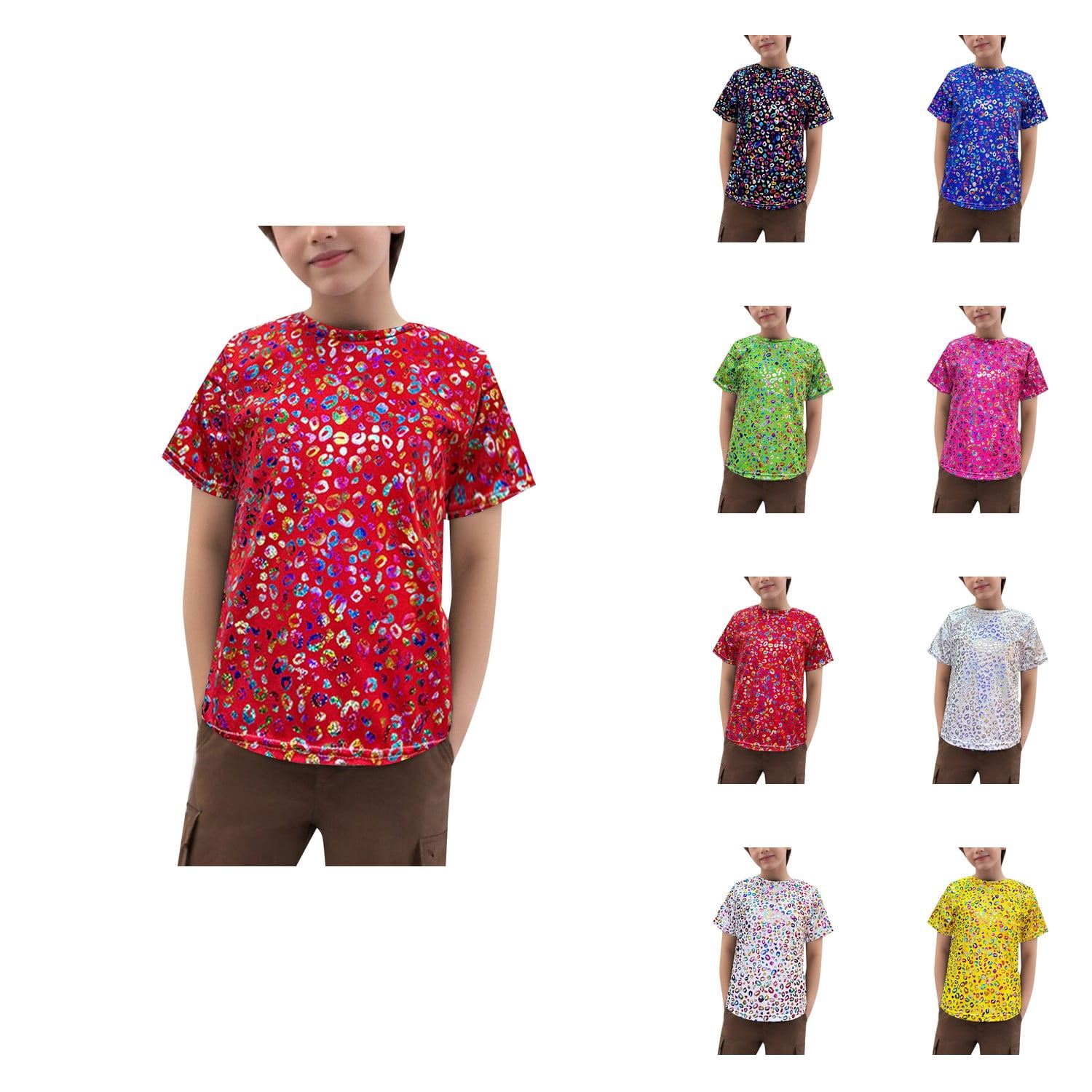Girls Fashion Tops Leopard Print Sequin Glitter Short Sleeve Tee For ...