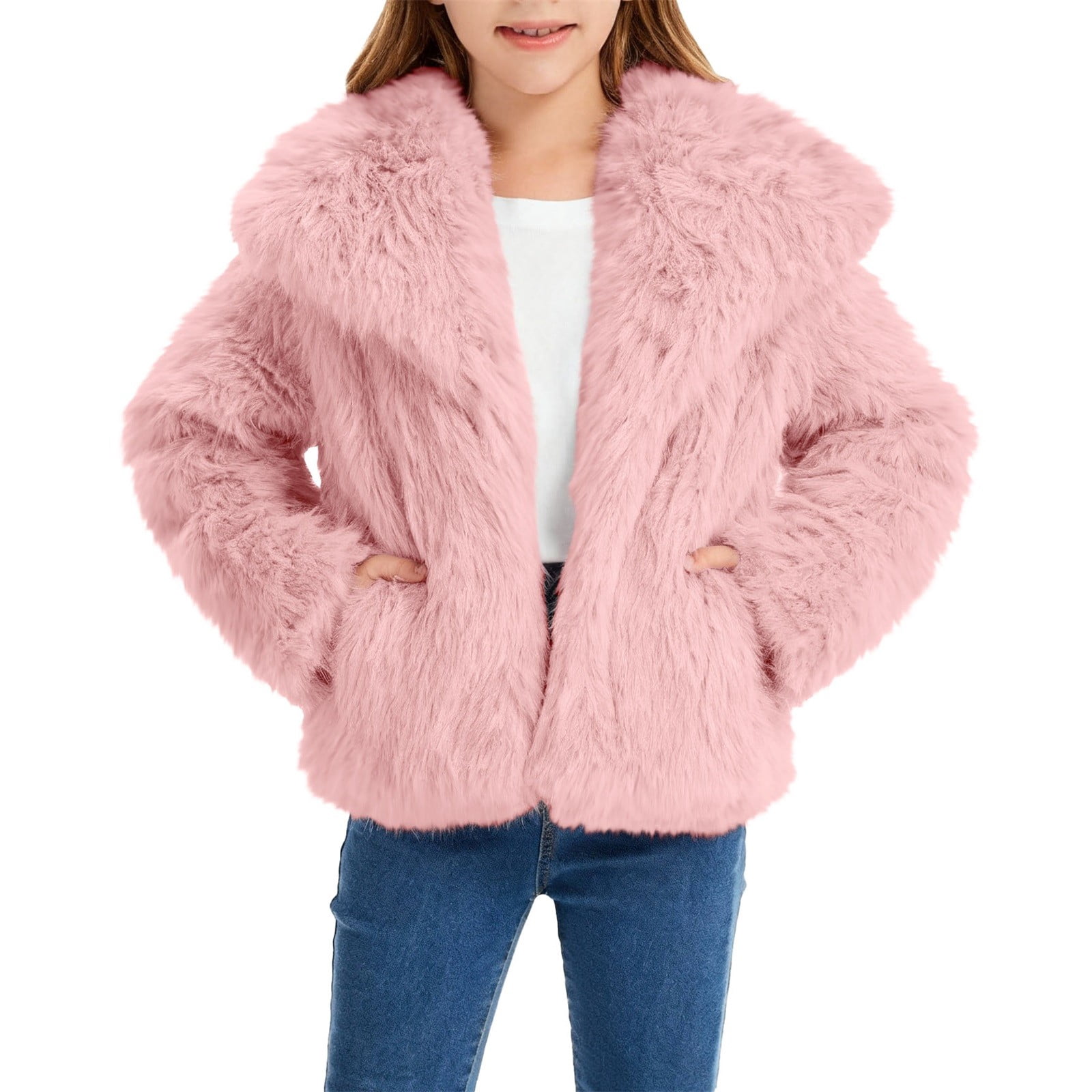 Girls Faux Fur Coat Kids Fluffy Long Sleeve Lapel Collar Open Front ...