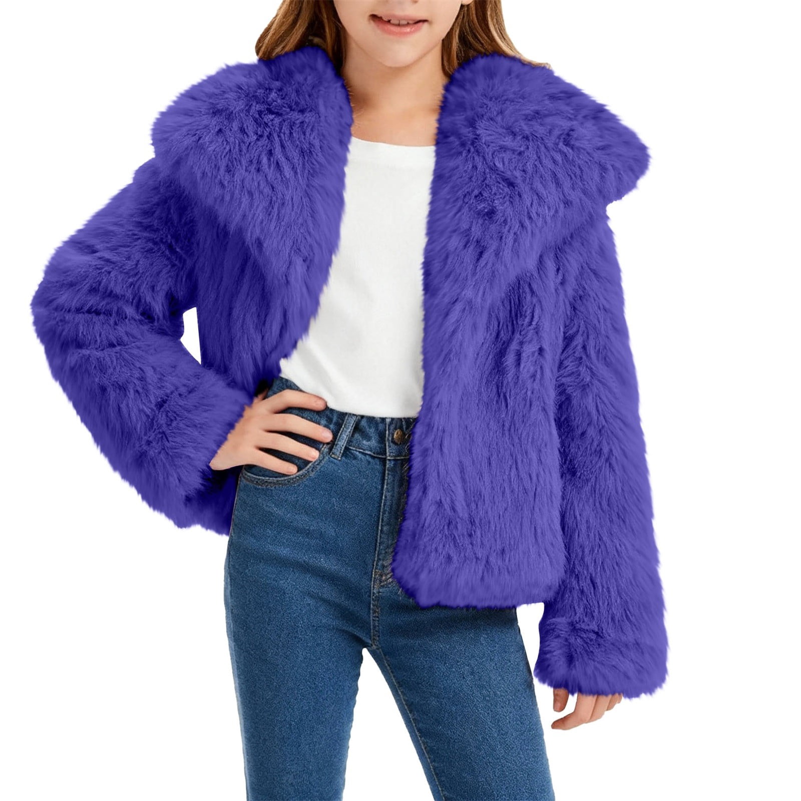 Girls Faux Fur Coat Kids Fluffy Long Sleeve Lapel Collar Open Front ...
