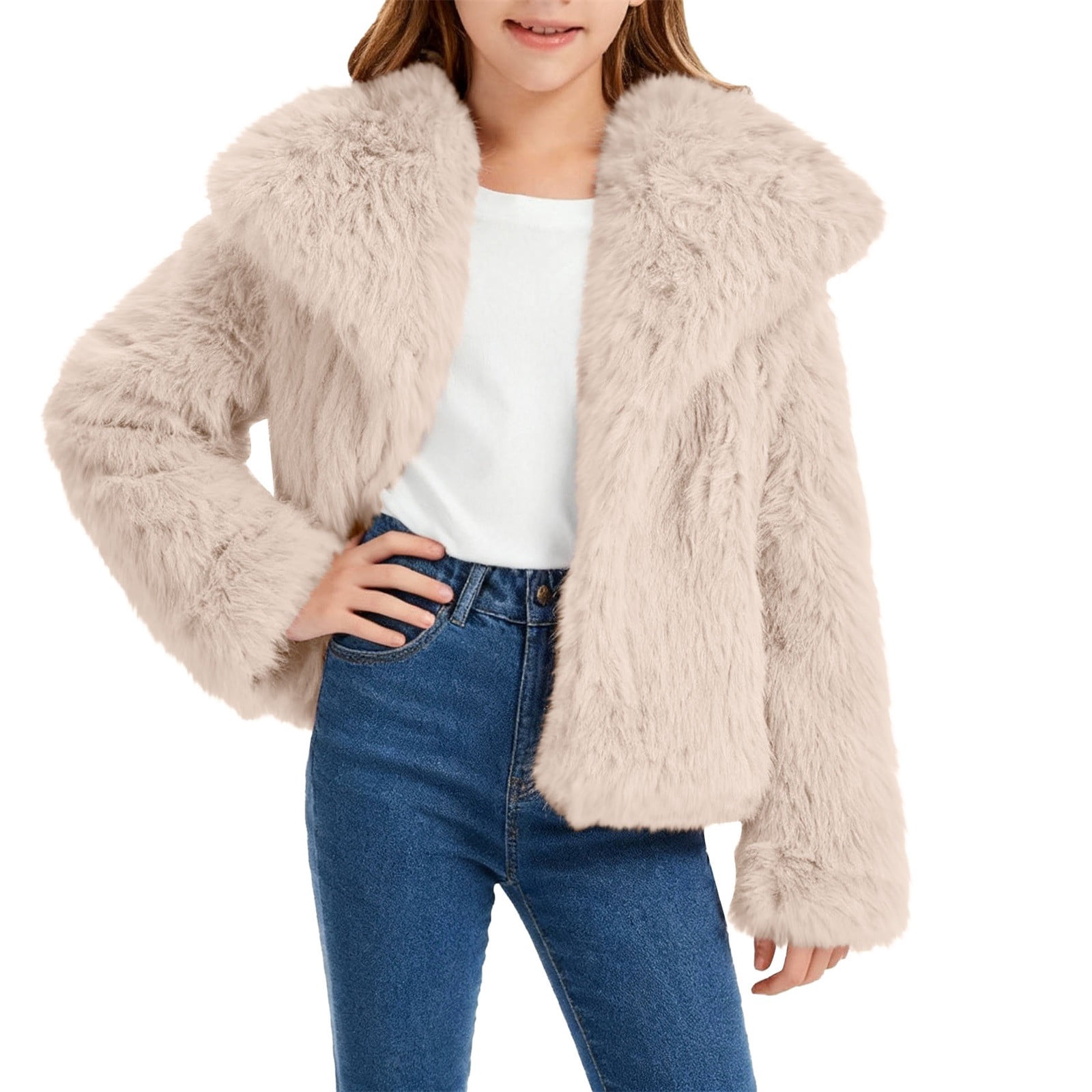 Girls Faux Fur Coat Kids Fluffy Long Sleeve Lapel Collar Open Front ...