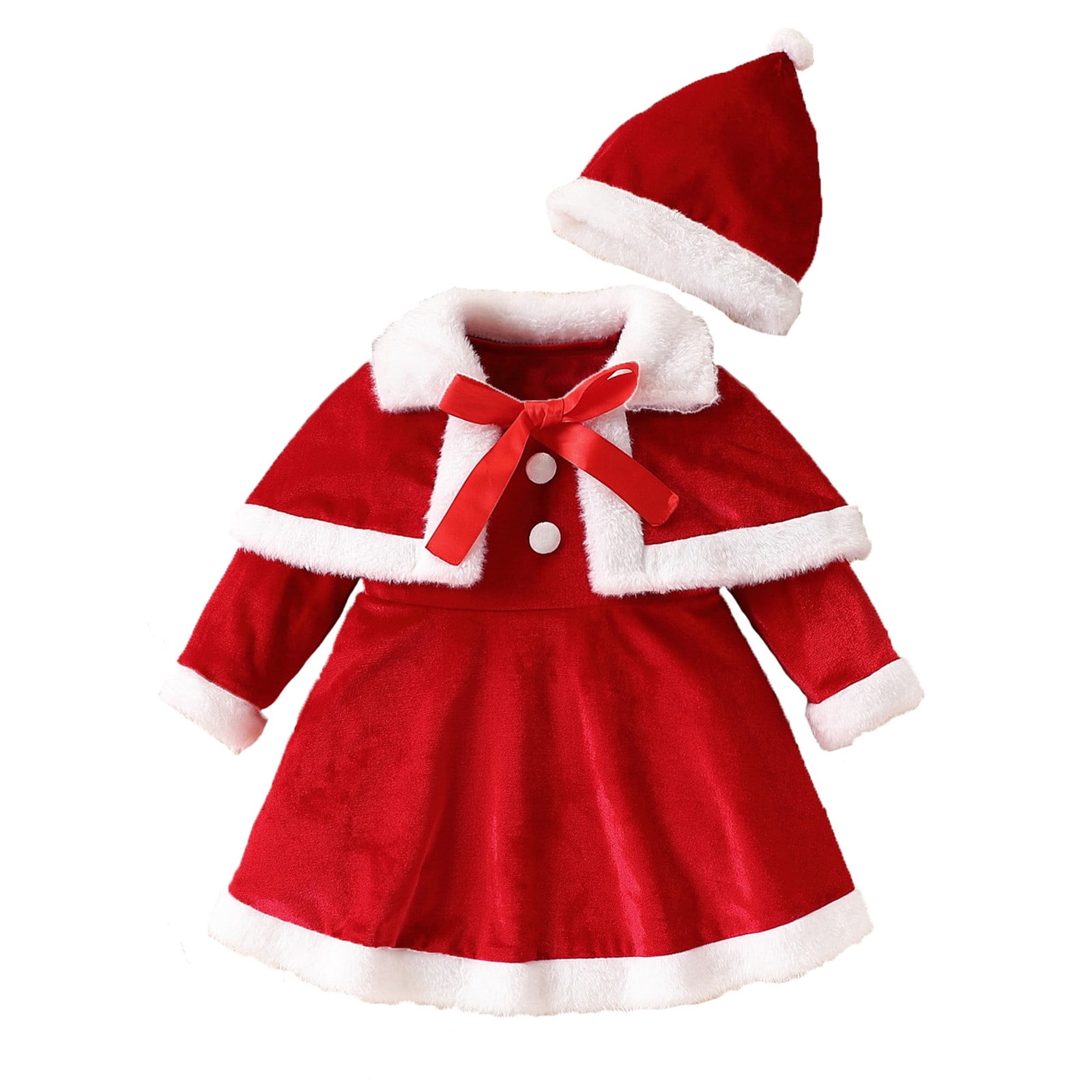 Girls Festive Christmas Red Cape Dress Ensemble Knee Length Turn Down ...