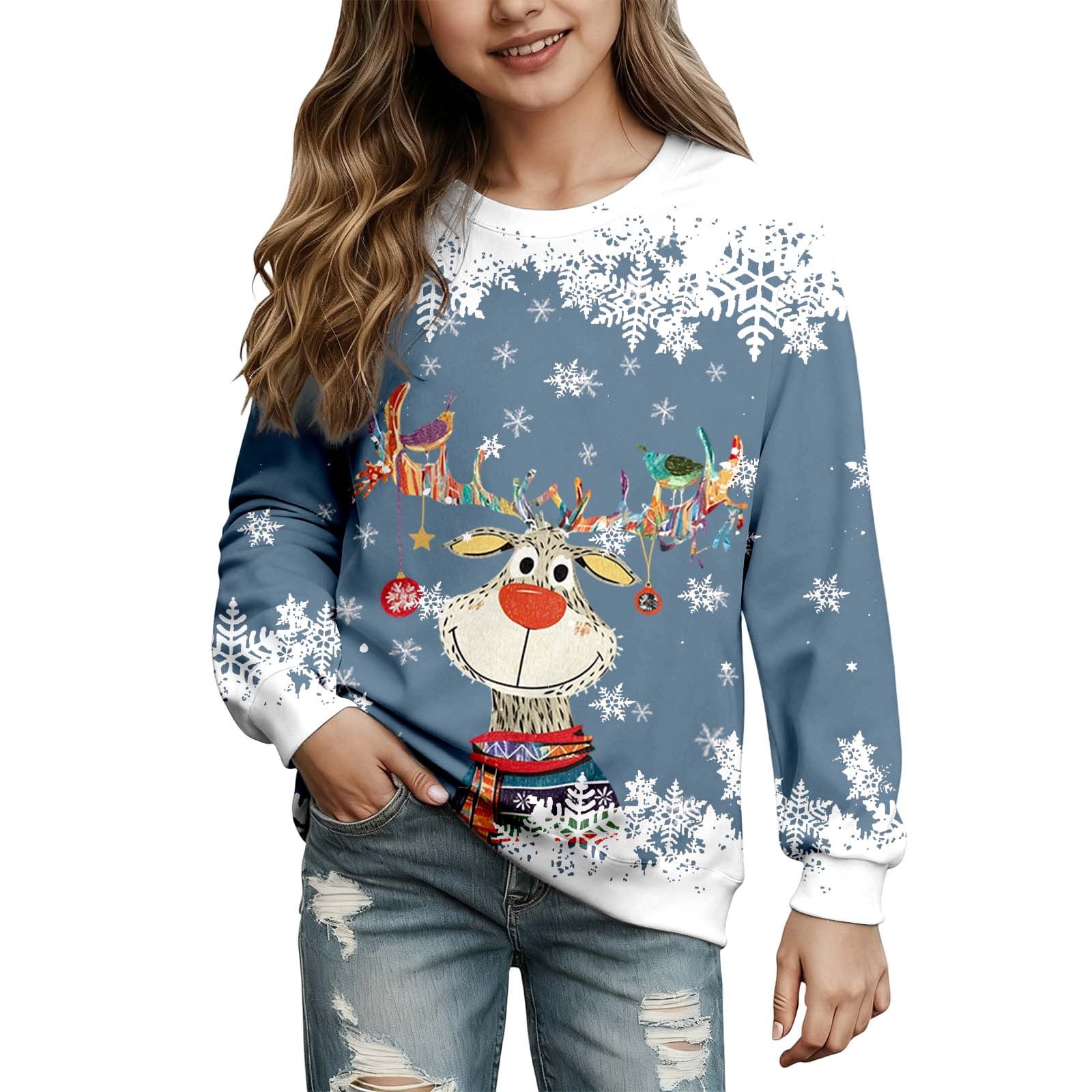 Girls' Festive Deer Head Print Crew Neck Long Sleeve Christmas Top for ...
