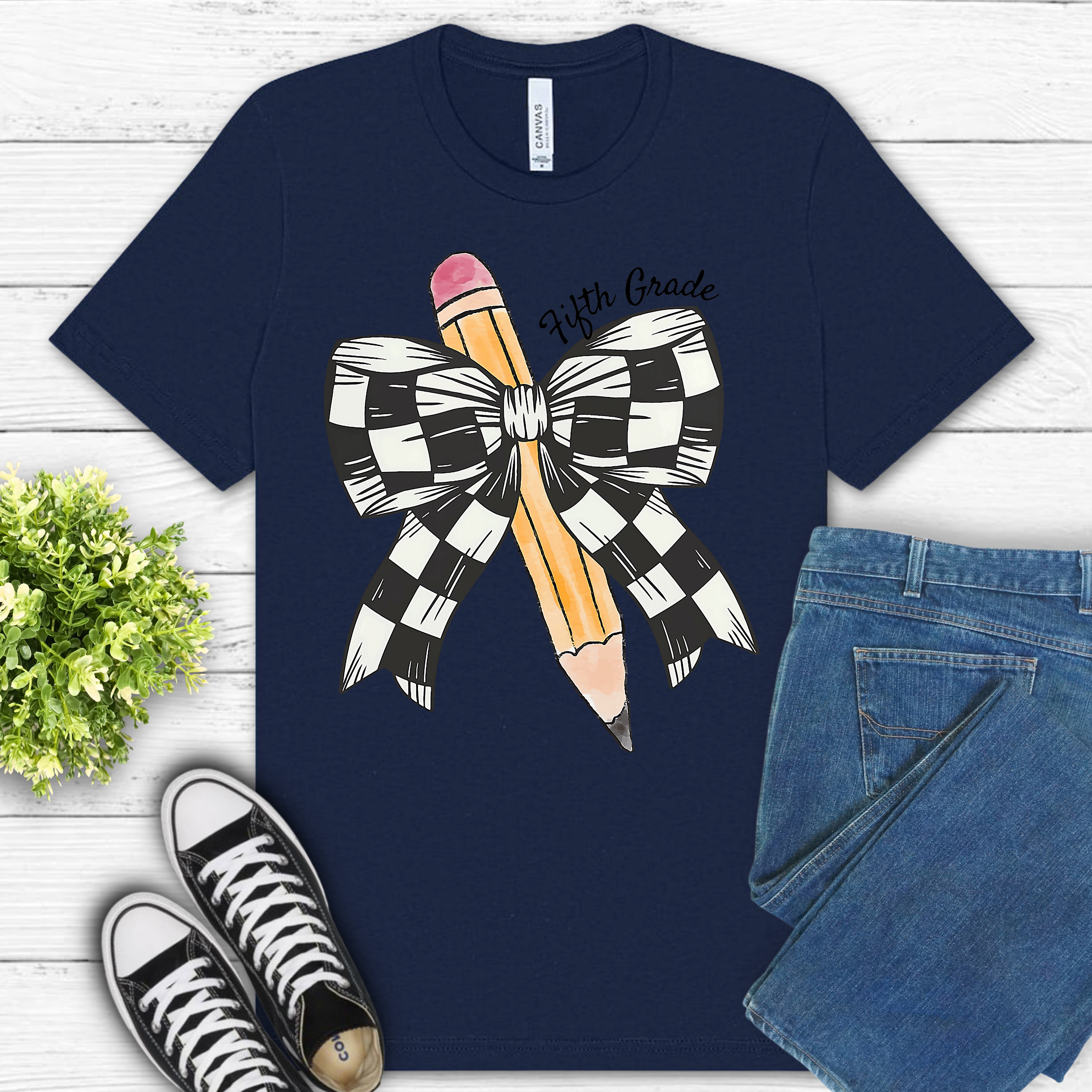 Girls Fifth Grade Shirt – Back to School Pencil & Bow Outfit, Navy, M ...
