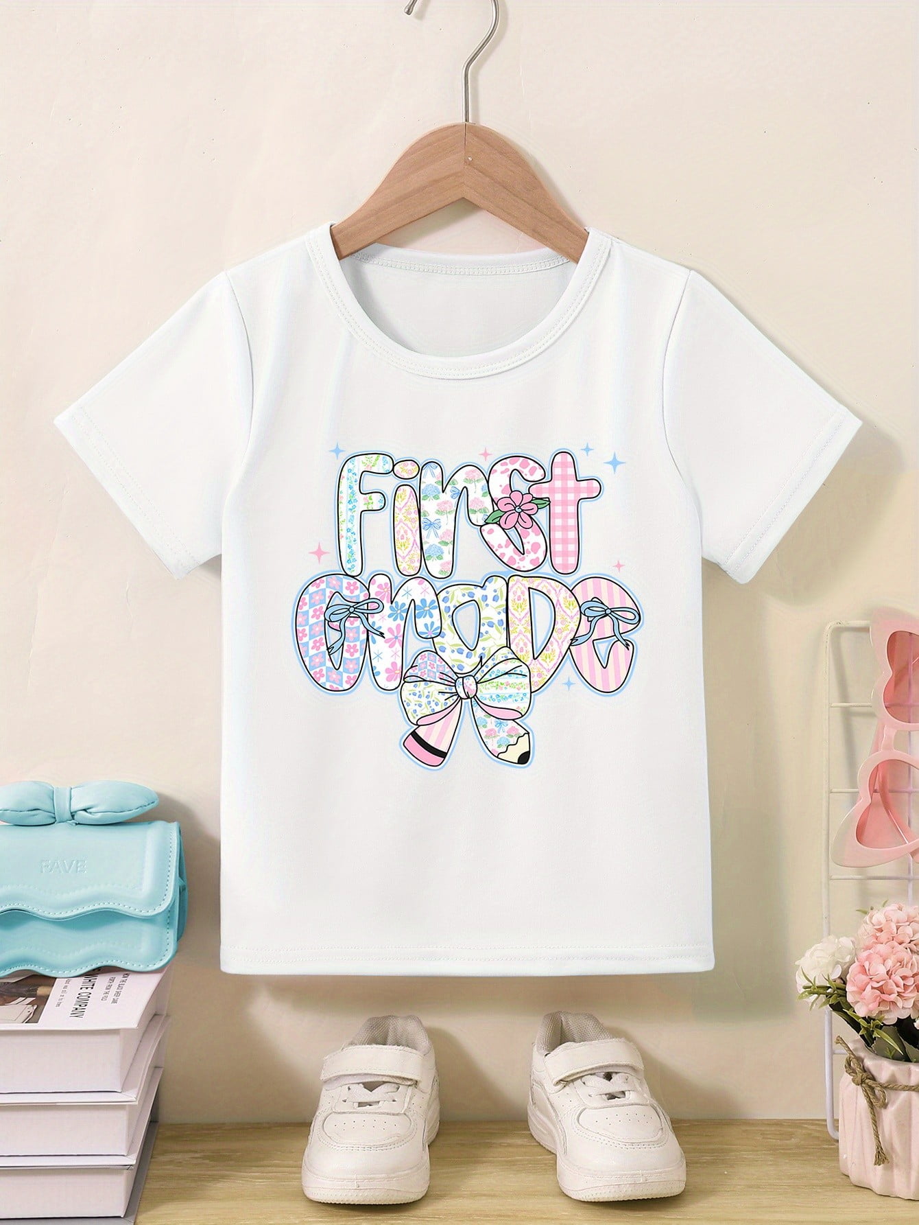 Girls' First Grade Birthday Celebration T-Shirt - Pastel School Graphic ...