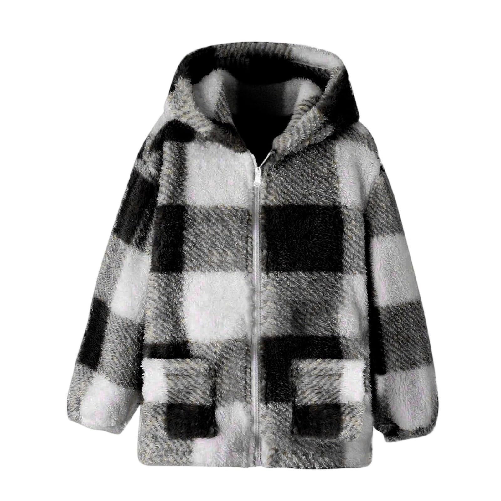 Girls Flannel Shirts Fuzzy Fleece Zip Up Plaid Hooded Jacket Teen Cute ...