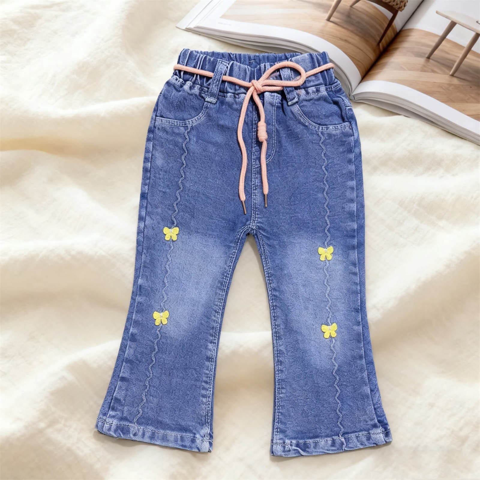Girls Flare Jeans with Elastic Waist, Butterfly Embellished Denim Pants ...