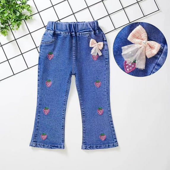 Girls Flare Jeans with Strawberry Embroidery Kids Elastic Waist Denim ...