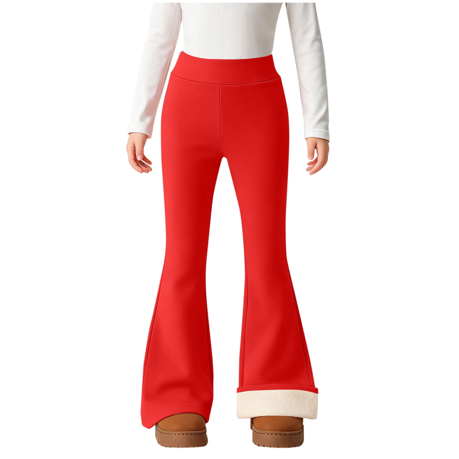 Girls Fleece Lined Flare Leggings Elastic High Waist Plain Bell Bottom ...