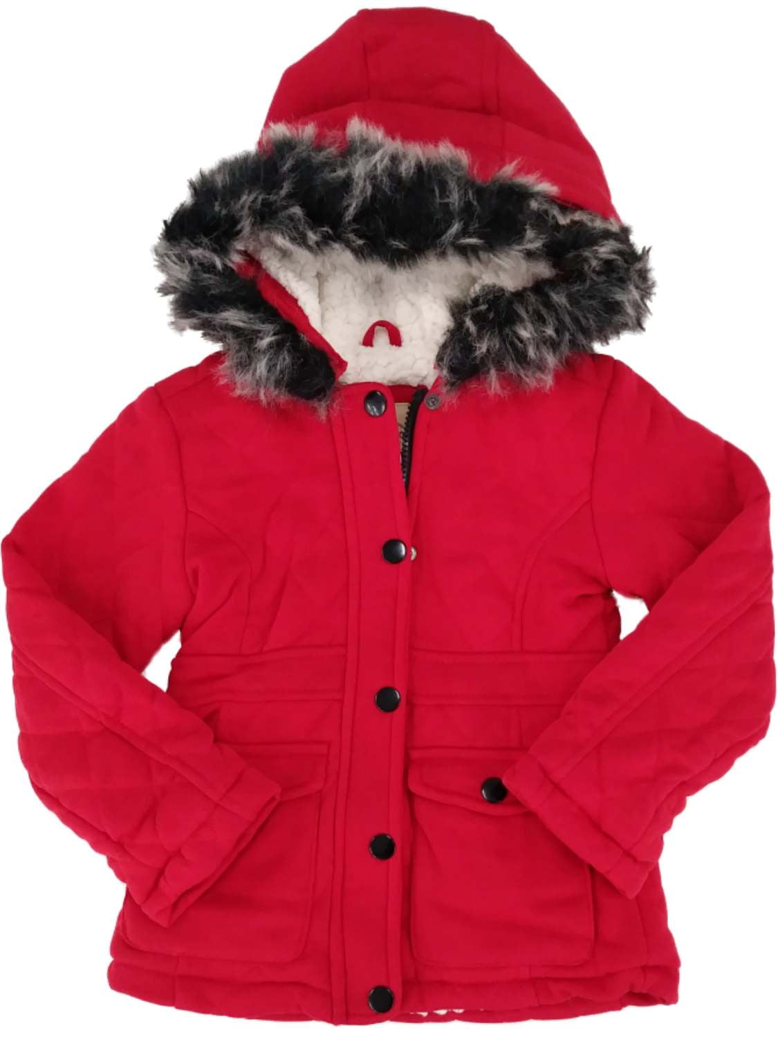 Girls Fleece Sherpa Lined Coat Red Quilted Fur Trim Hooded Jacket ...