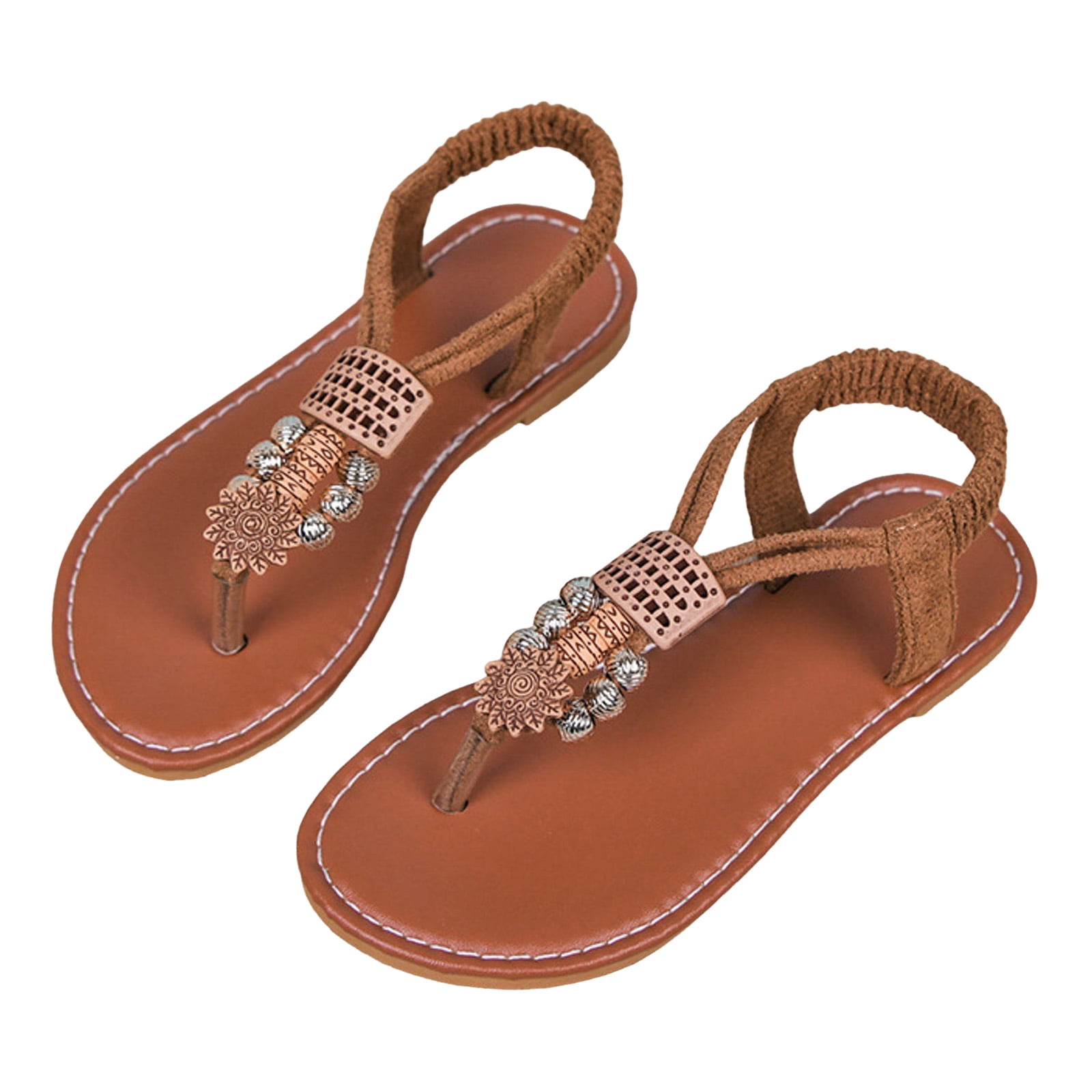 Girls Flip Flops Casual Boho Beaded T-Strap Flat Sandals Elastic Ankle ...