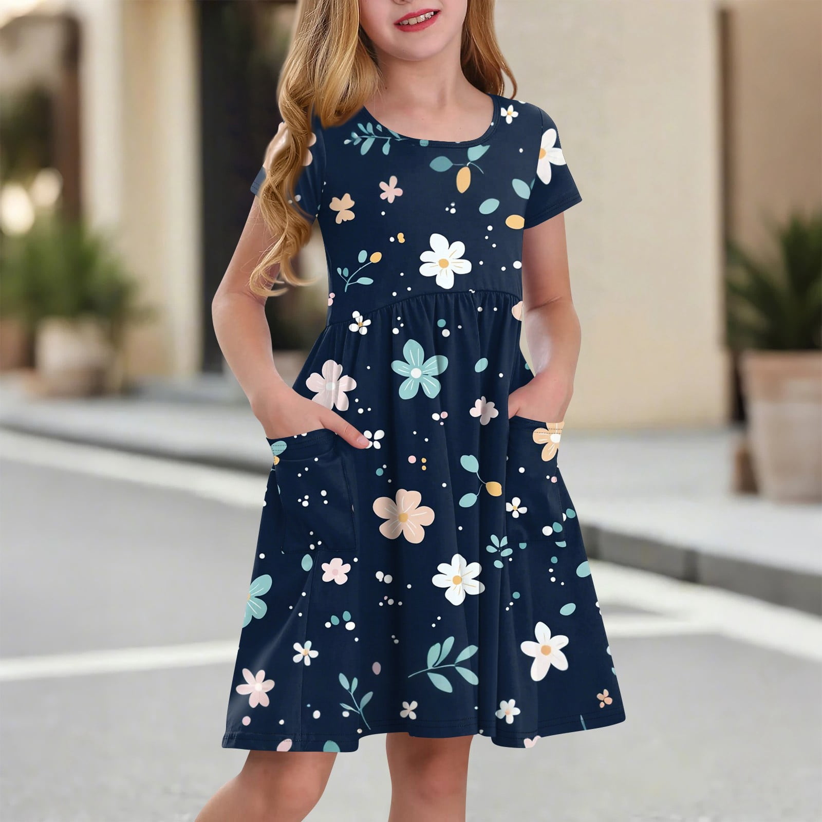 Girls Floral Butterfly Dresses Short Sleeve Pocket Casual Summer ...