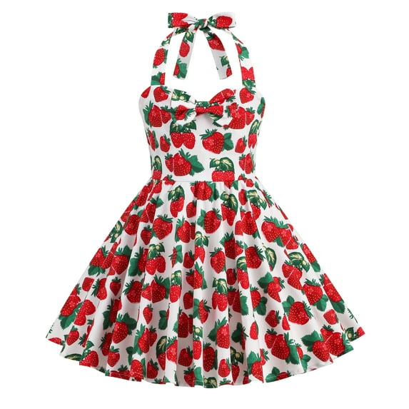 Girls' Floral Dress Halter Neck Vintage Swing Dress with Bow Detail ...