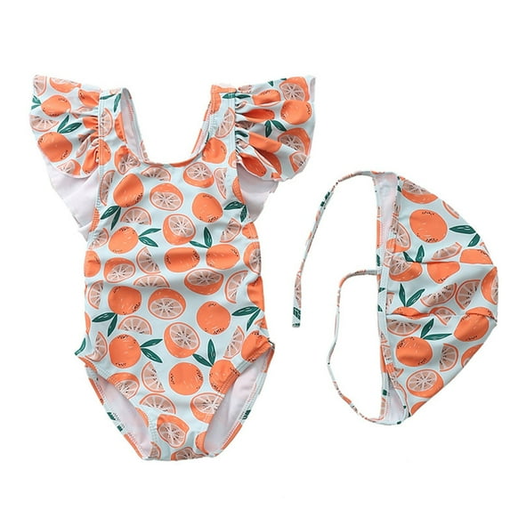 Girls' Floral Print Puff Sleeve Halter Neck Swimsuit With Hood Two ...