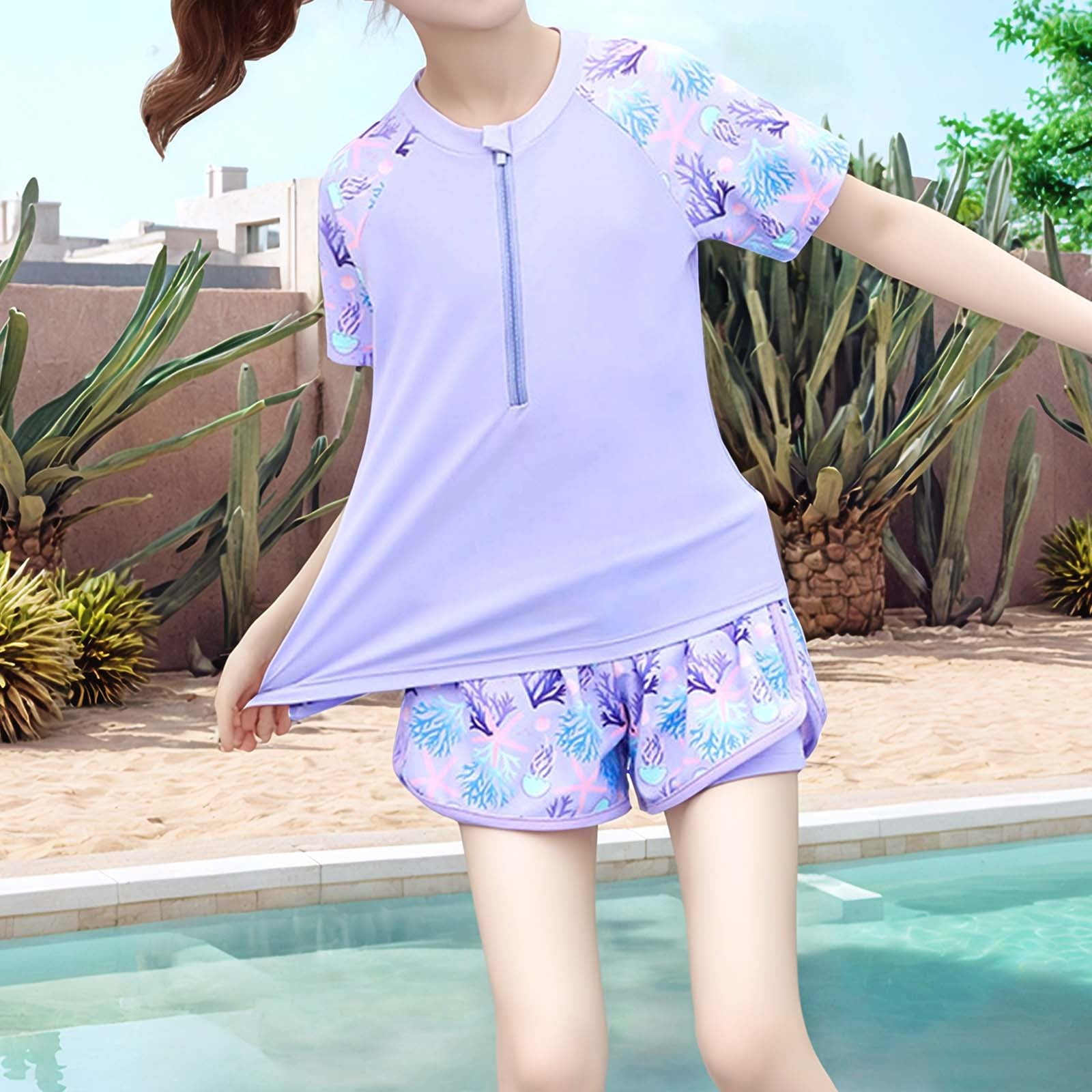 Girls Floral Two Piece Swimwear Set Japanese Style Split Swim Suit For ...