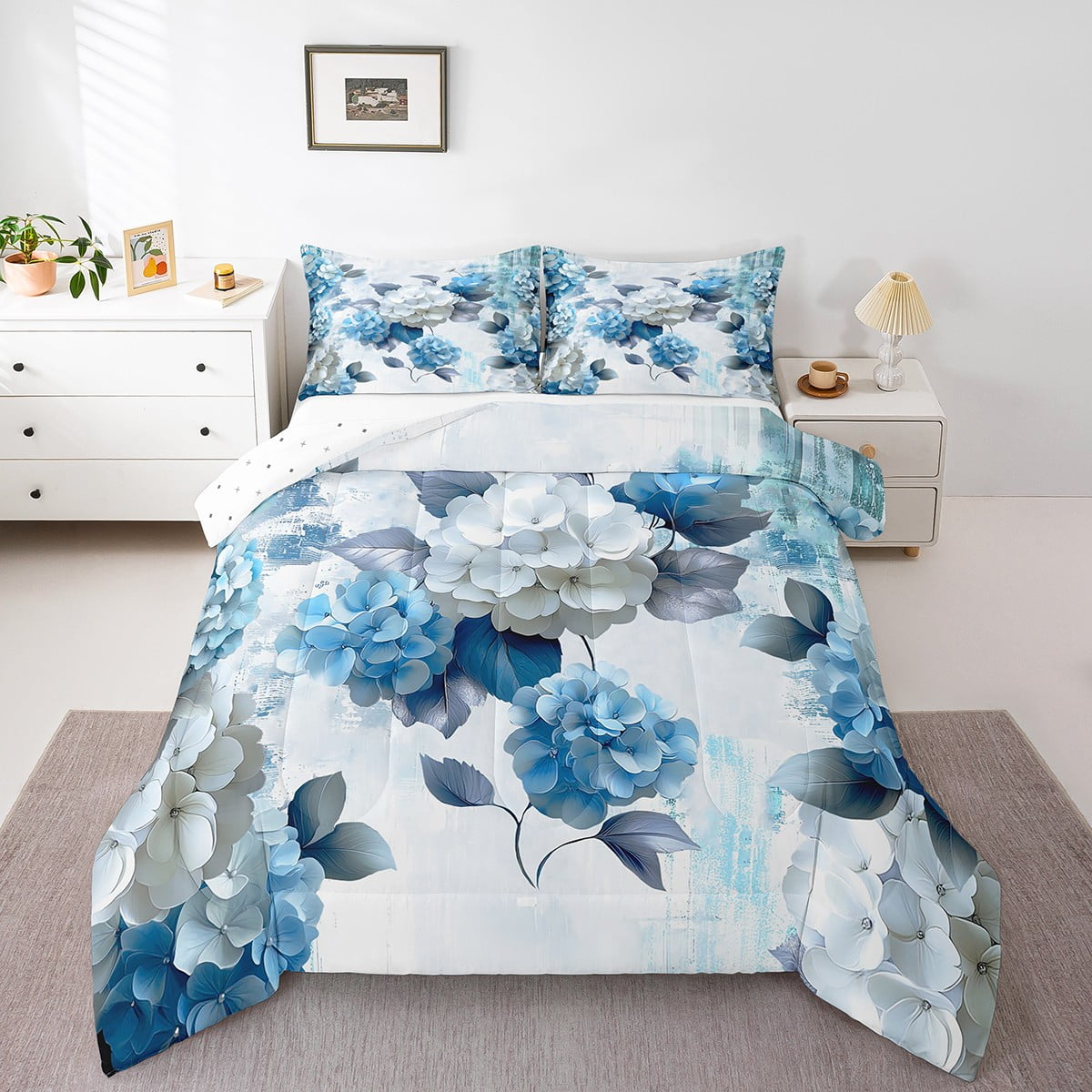 Girls Flower Bedding Queen Size Hydrangea Floral Comforter Set Queen ...