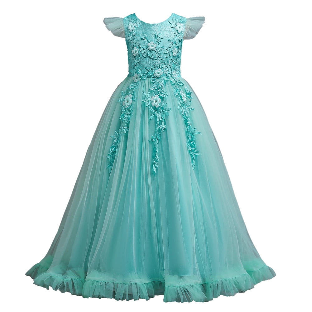 Girls Flower Ruffle Lace Princess Long Dress Kids Tulle Pageant Formal ...
