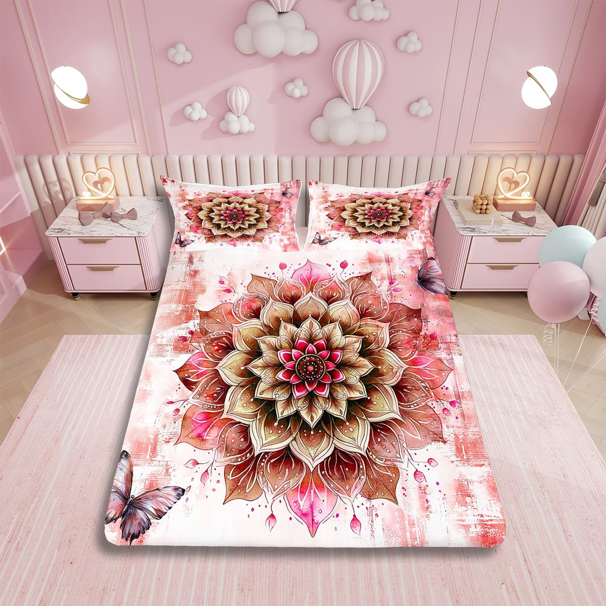 Girls Flower Sheet Sets Mandala Floral Bed Sheets Set for Women,Red ...