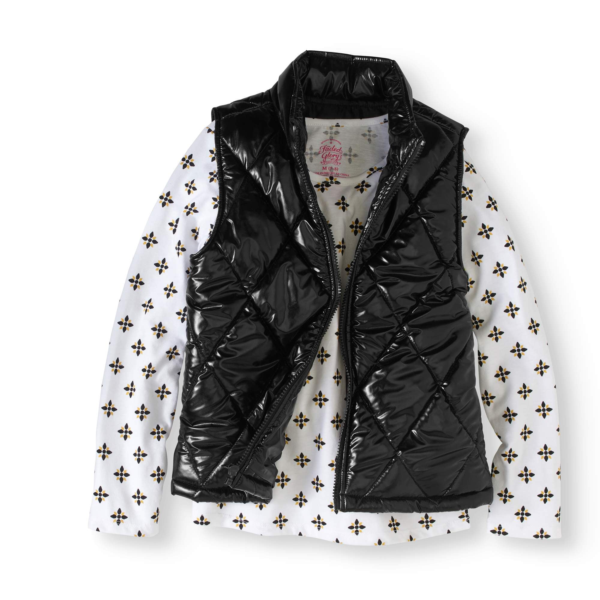 Girls Foil Puffer Vest and Long Sleeve Tee with Printed Medallion ...