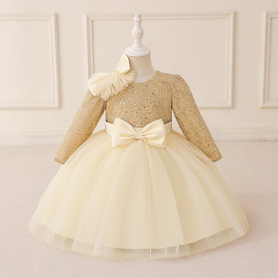 Girls Formal Dress Elegant Tulle Flower Girl Gown with Bowknot (Yellow ...