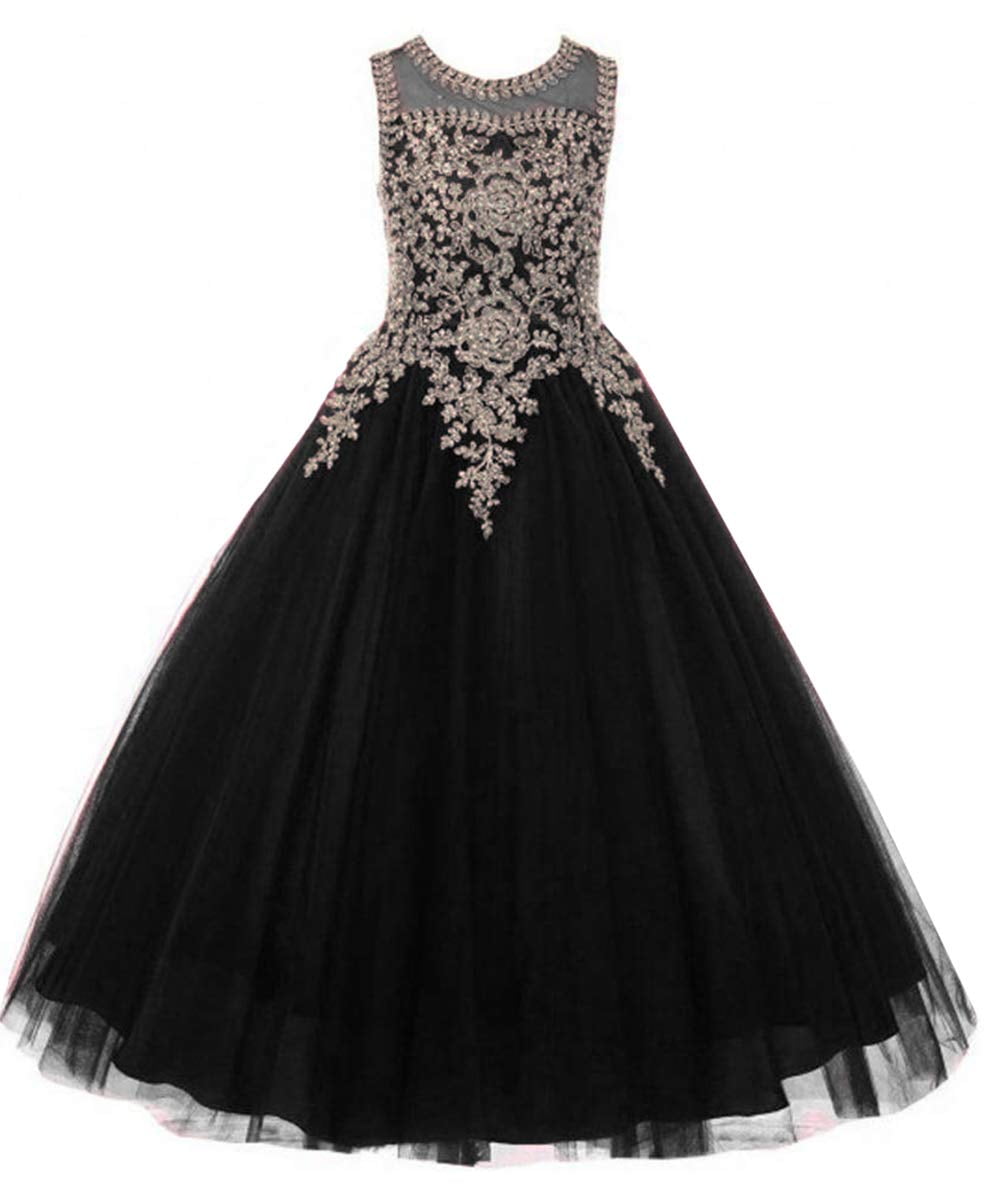 Girls Formal Long Pageant Dresses Prom Ball Gown Gold Lace Burgundy ...