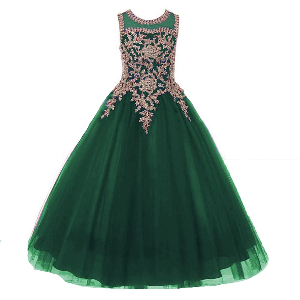 Girls Formal Long Pageant Dresses Prom Ball Gown Gold Lace Burgundy ...