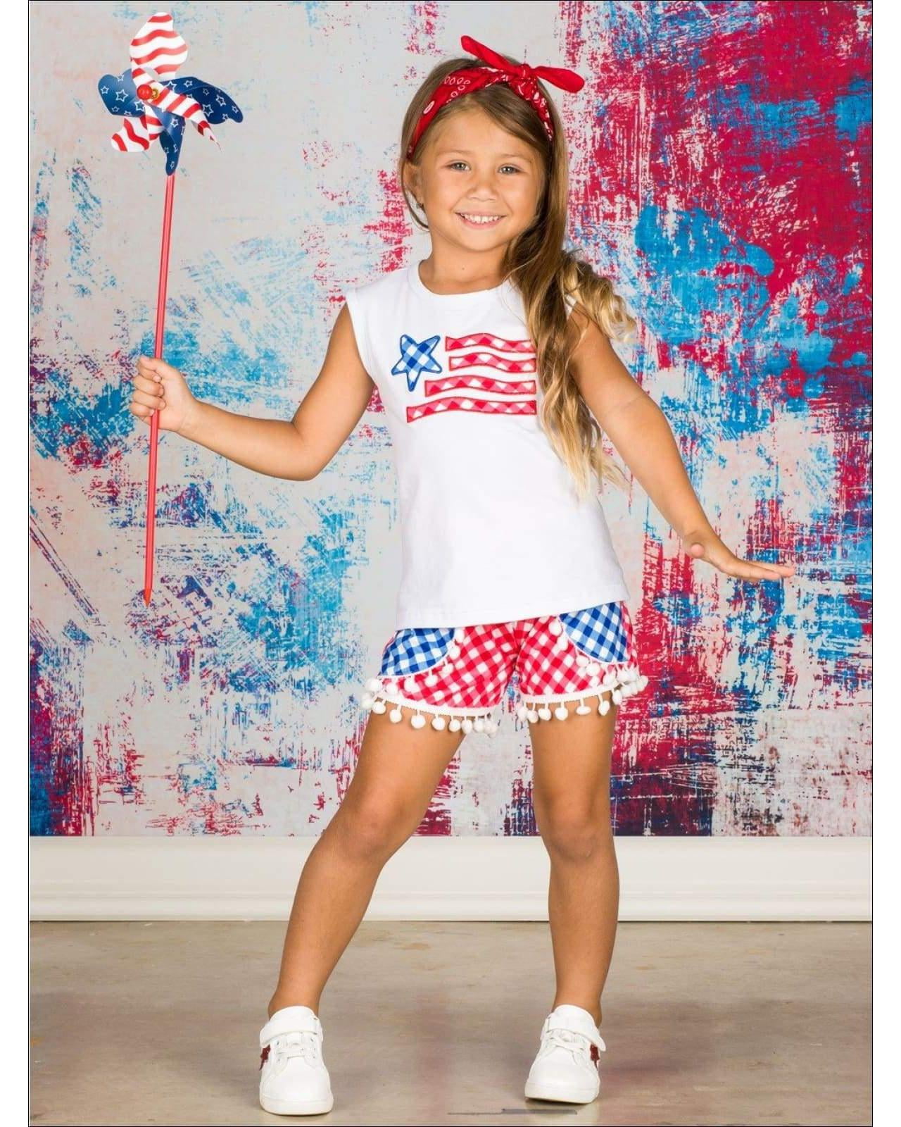 Girls Fourth of July Themed Printed Top & Overlay Pom Pom Shorts Set ...