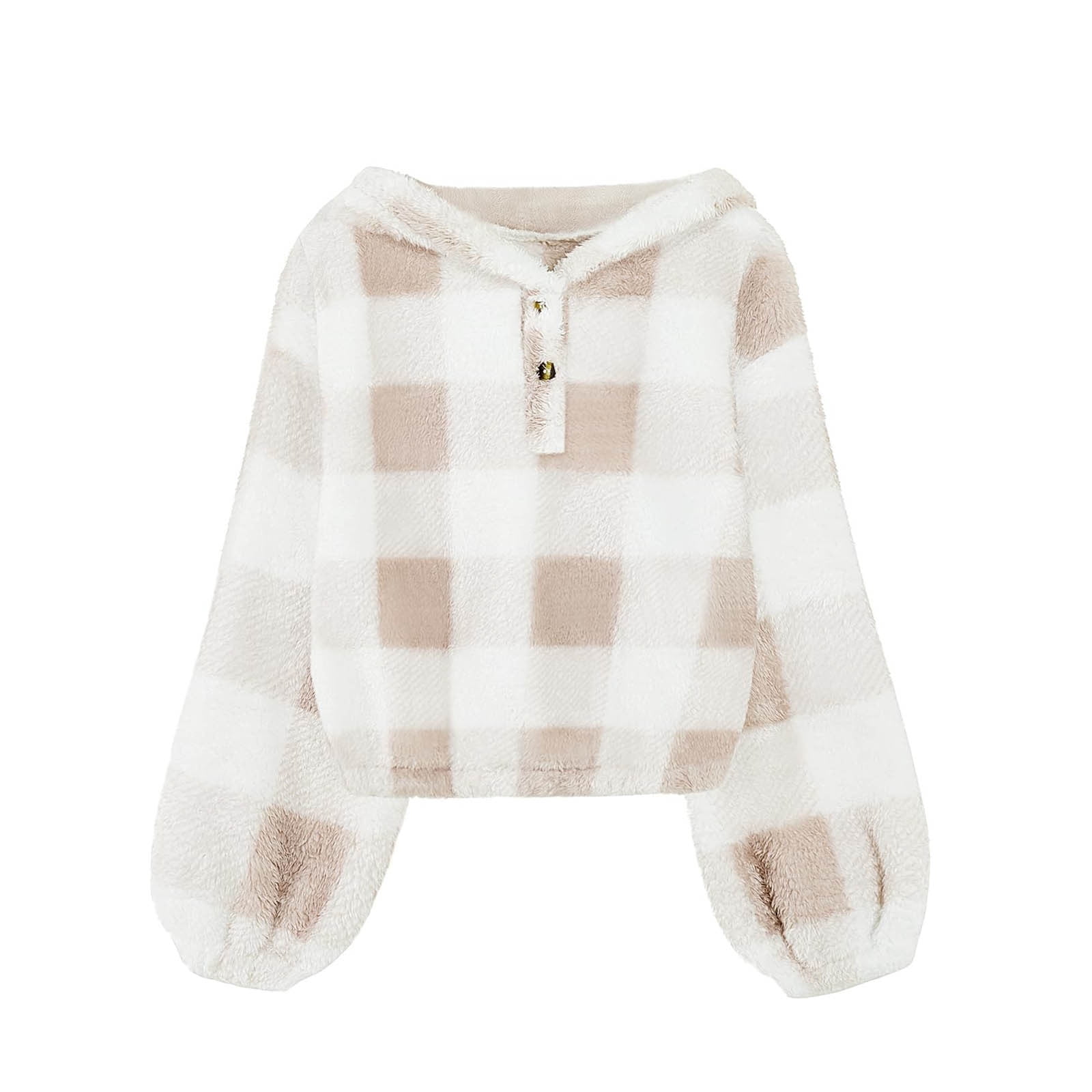 Girls Fuzzy Hooded Buffalo Plaid Jacket Solid Long Sleeves Fashion ...