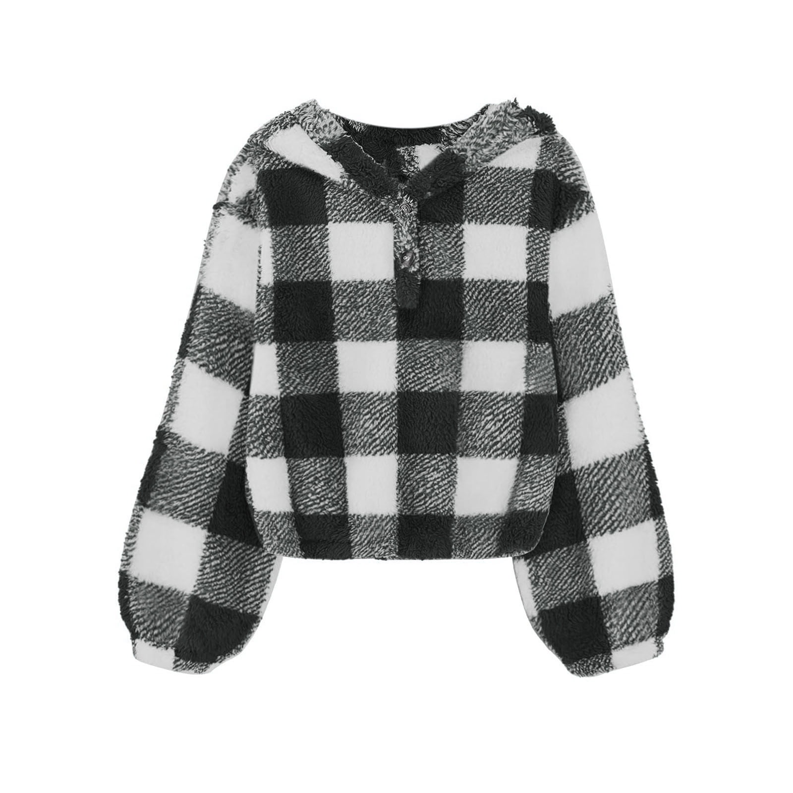 Girls Fuzzy Hooded Buffalo Plaid Jacket Solid Loose Button Down ...