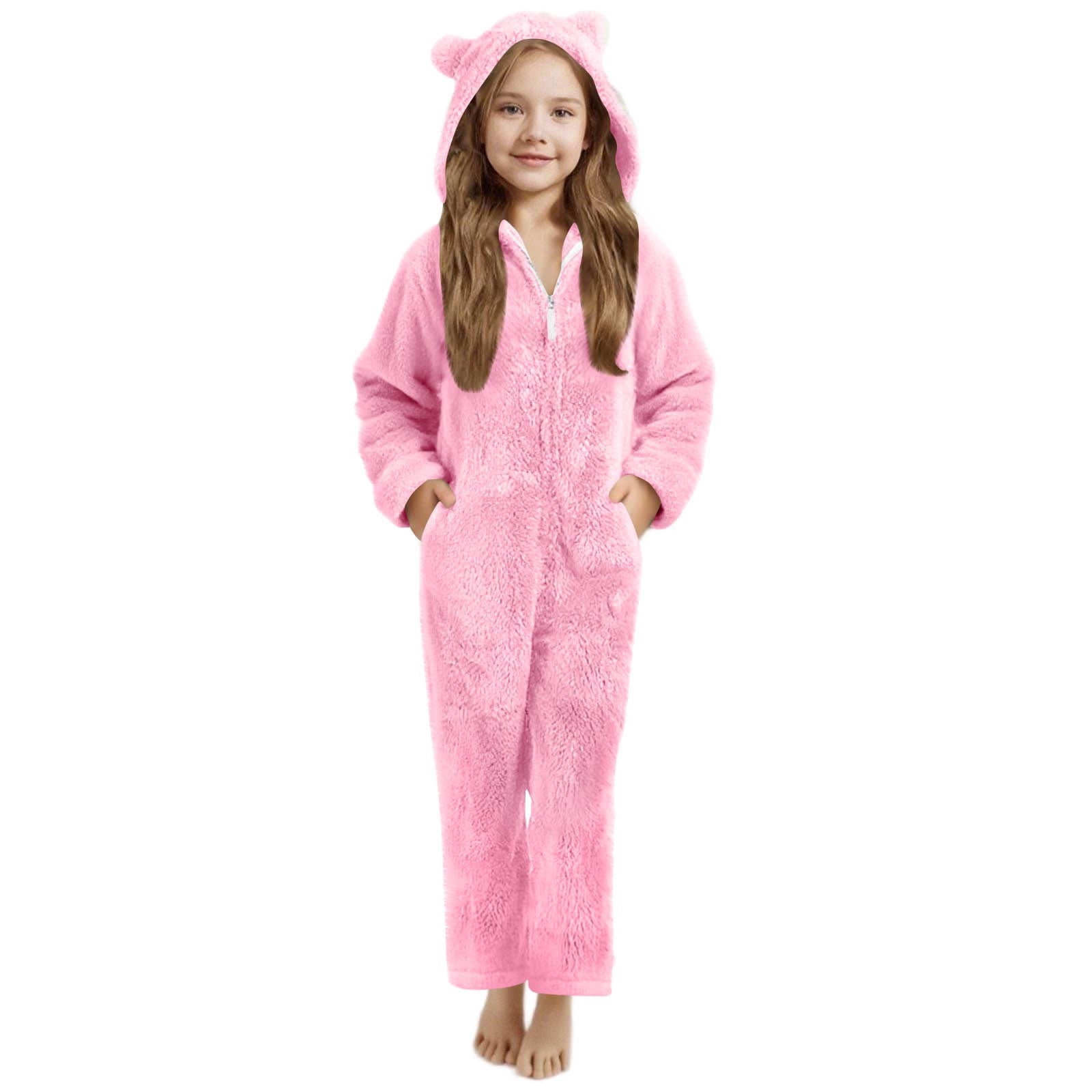 Girls Fuzzy Pajamas Onsie Bear Ear Hooded Jumpsuits Faux Fleece Front ...