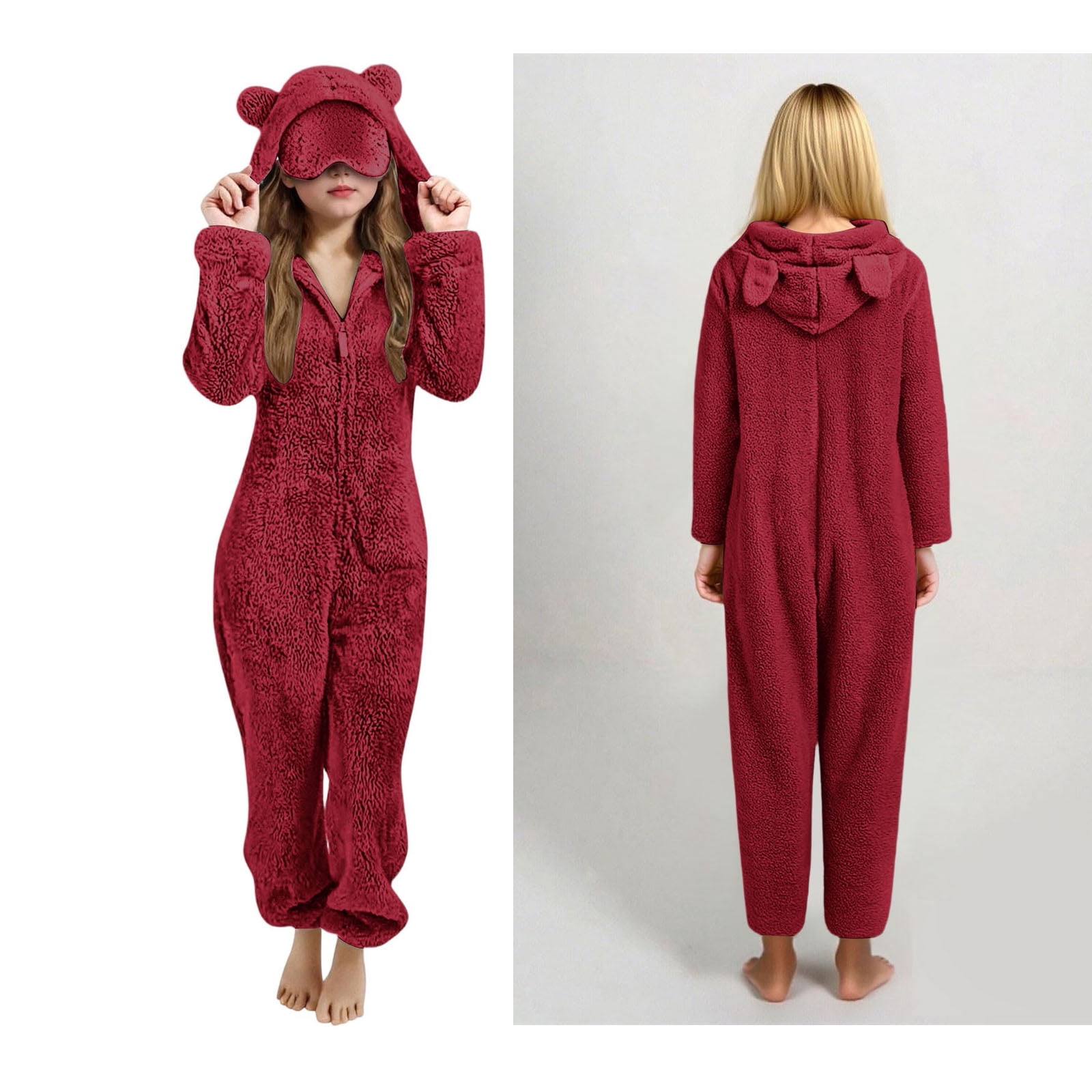 Girls Fuzzy Pajamas with Eye Mask Hooded Romper Jumpsuit with Bear Ear ...