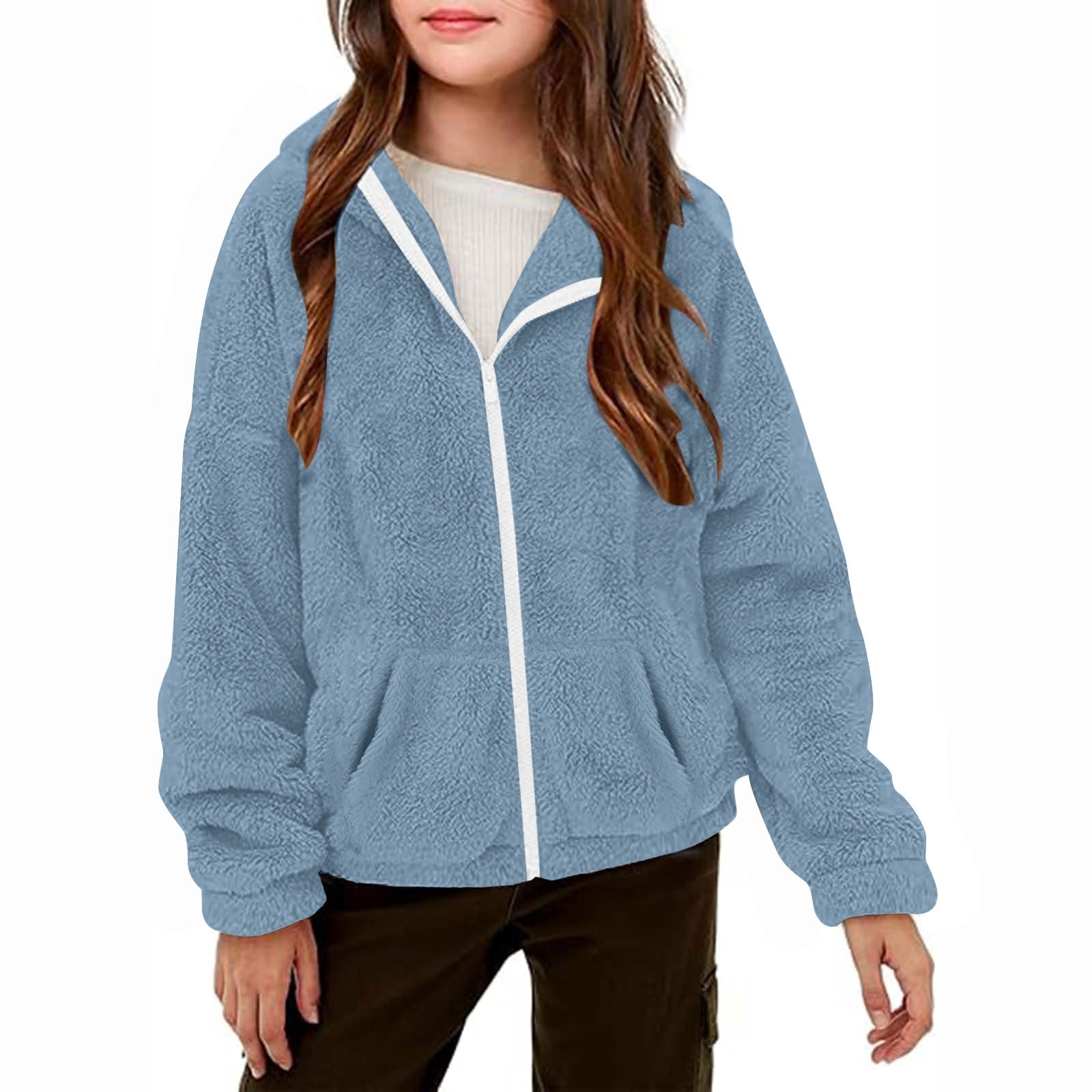 Girls Fuzzy Sherpa Coat Full Zip Hoodie Fleece Jacket with Pockets Fall ...