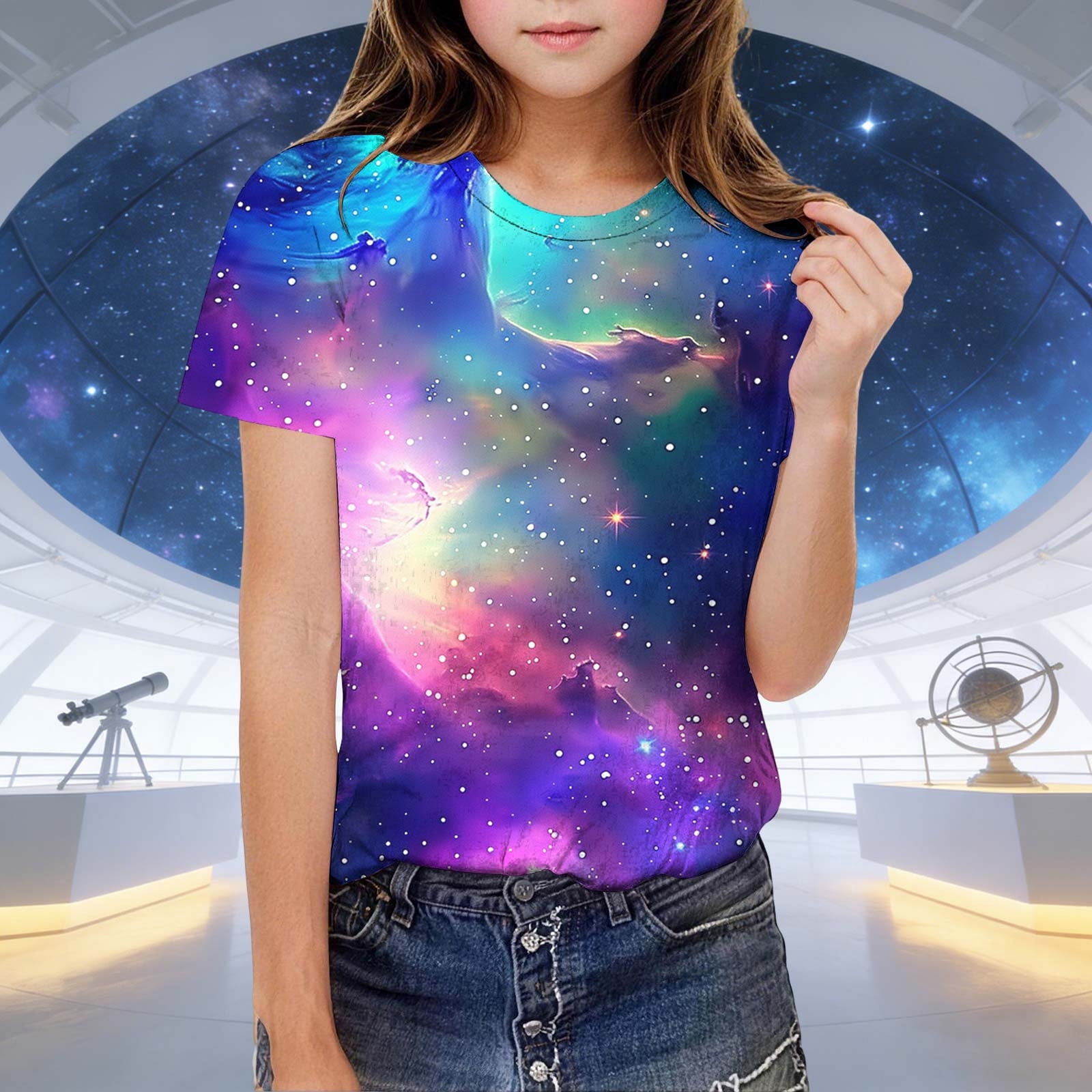 Girls Galaxy Print T-Shirt Short Sleeve Space Kids Top Soft Stretch ...