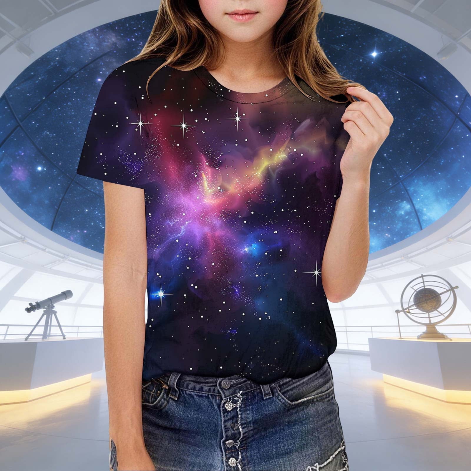 Girls Galaxy Print T-Shirt Space Theme Short Sleeve Kids Top | Purple ...