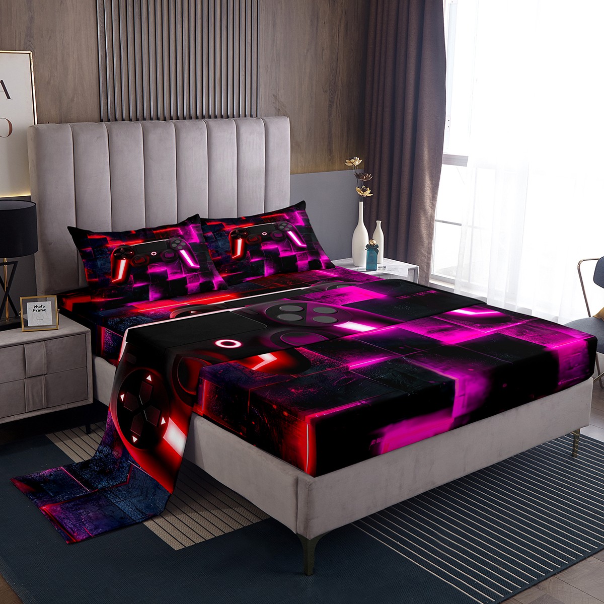Girls Gamer Bed Sheets Set Modern Neon Grid Twin Sheet Set, Black Pink ...