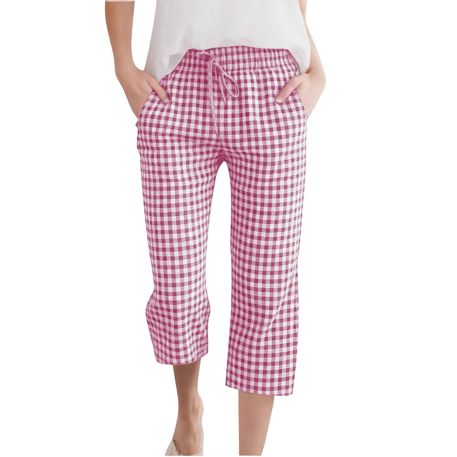 Girls' Gingham Capri Linen Pant Wide Leg High Waist Drawstring Elastic ...