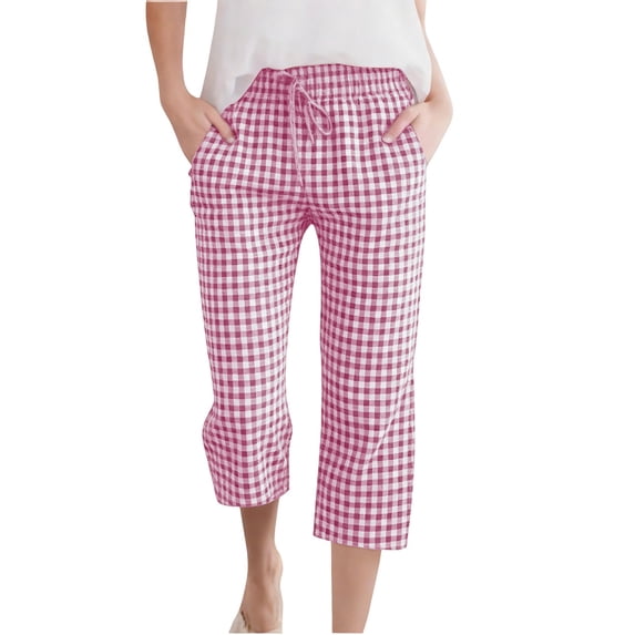Girls' Gingham Capri Linen Pant Wide Leg High Waist Drawstring Elastic ...