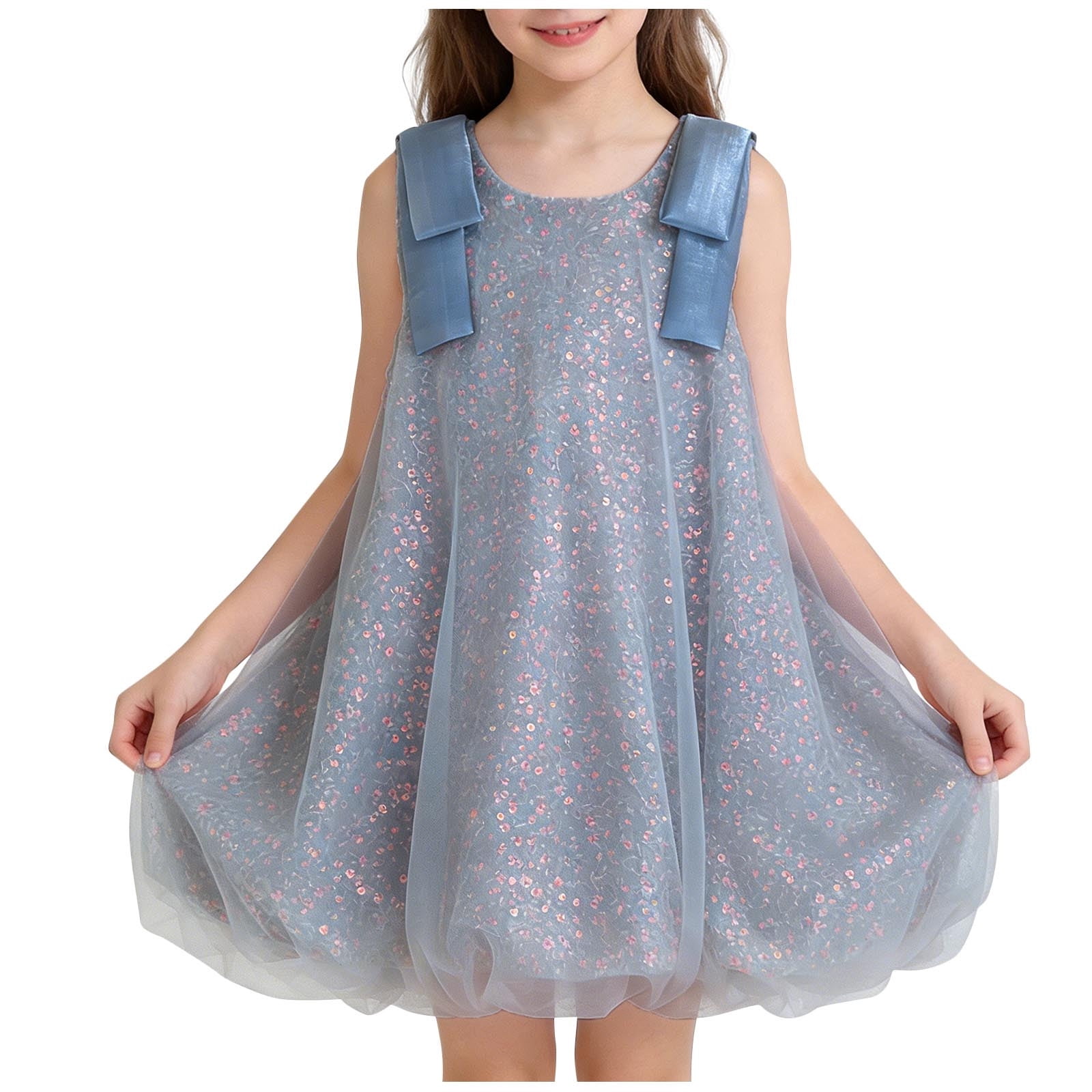 Girls Glitter Dress Sleeveless Crew Neck Bow Strap Midi Dresses Sparky ...