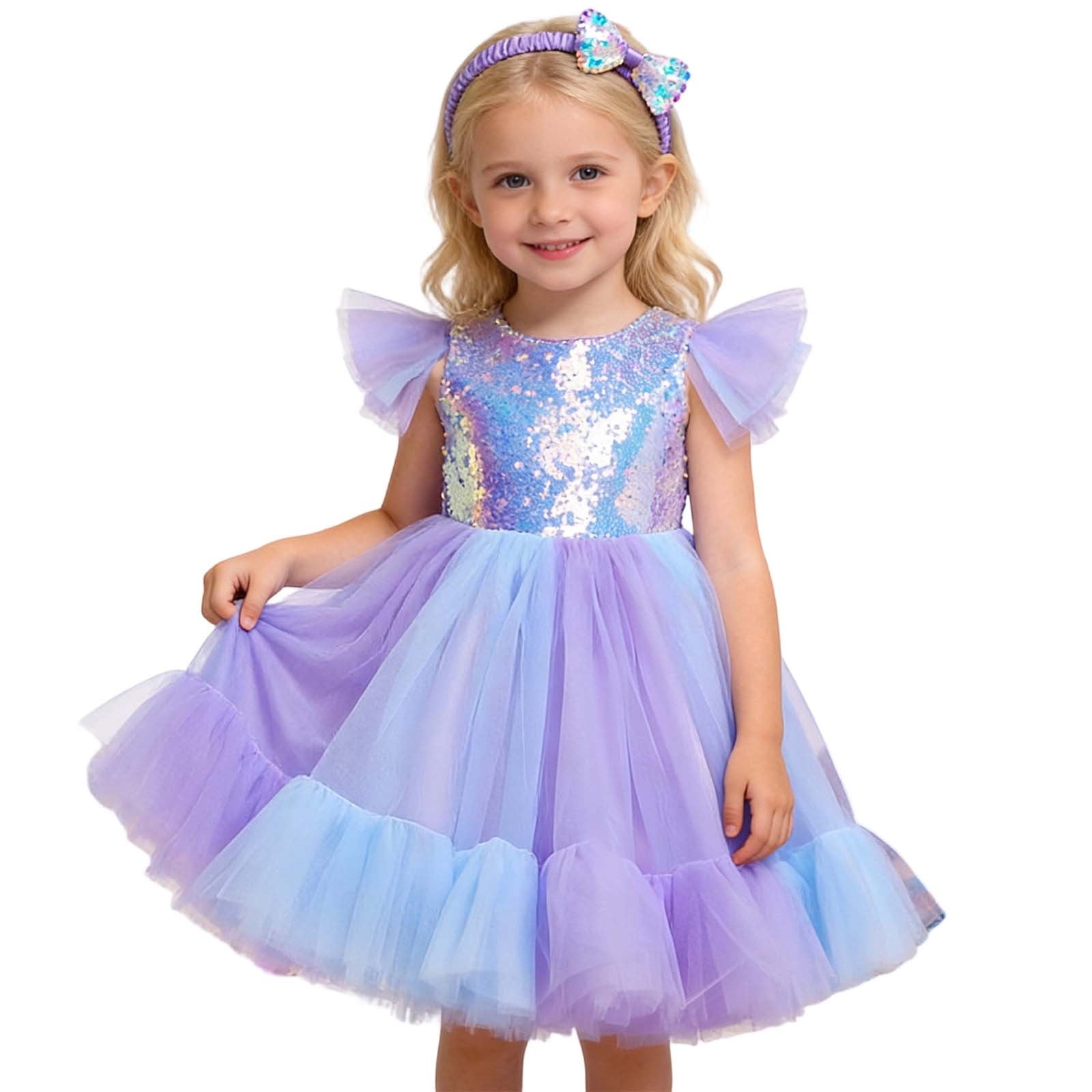 Girls' Glitter Sash & Headband Formal Party Dress with Puffy Sleeves ...